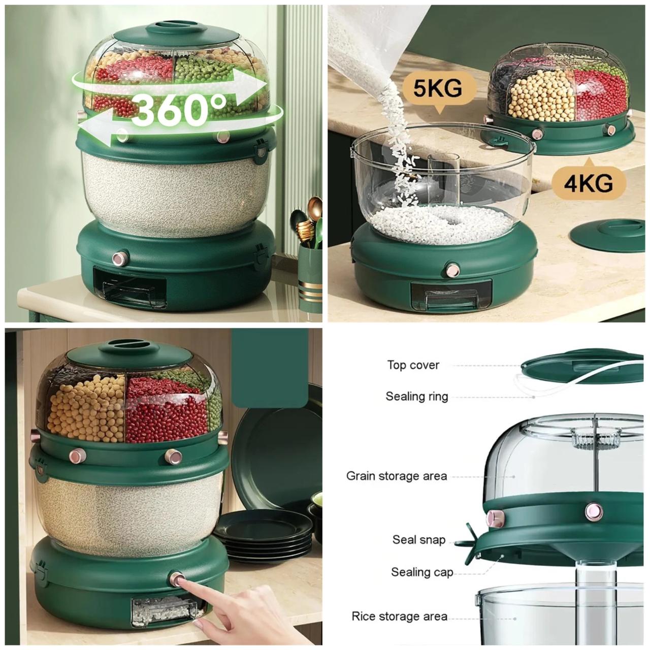 Double Layer 360° Rotating Food Dispenser, 6 Grains and Grain Storage ...