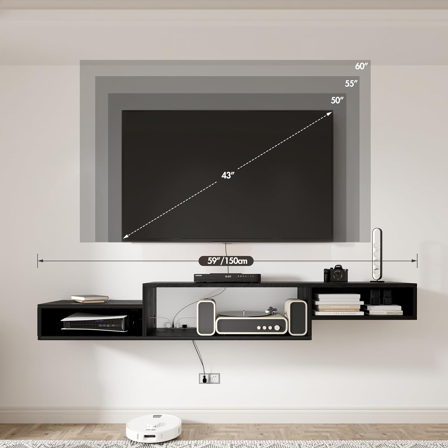 Wall Mounted Media Console with Power Outlet Floating LCD Stand ...