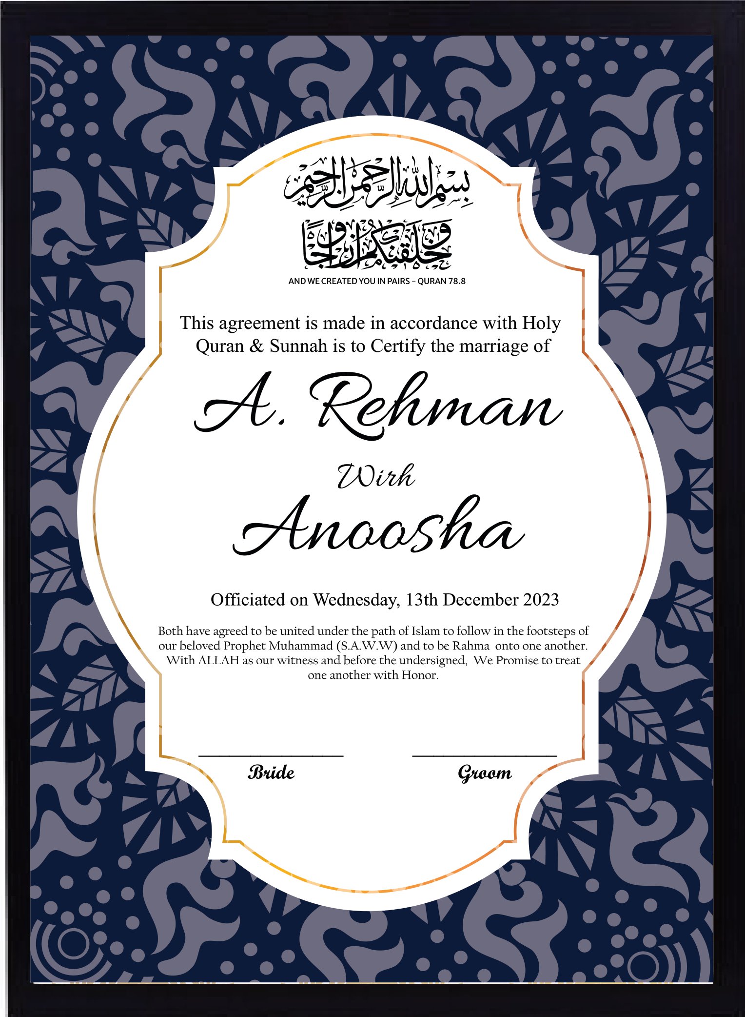 Customized nikkah frames for couple Customized nikkah certificate ...