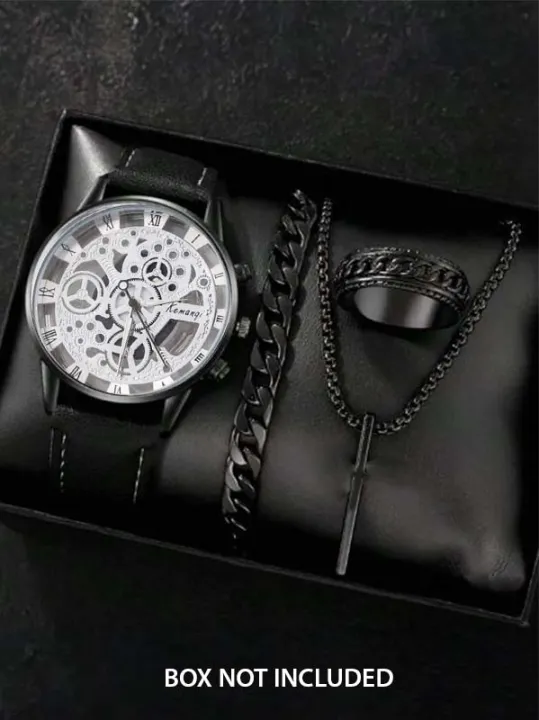 Pack of 4 Black Watch, Chain Bracelet, Ring, Bar Locket Set for Men ...