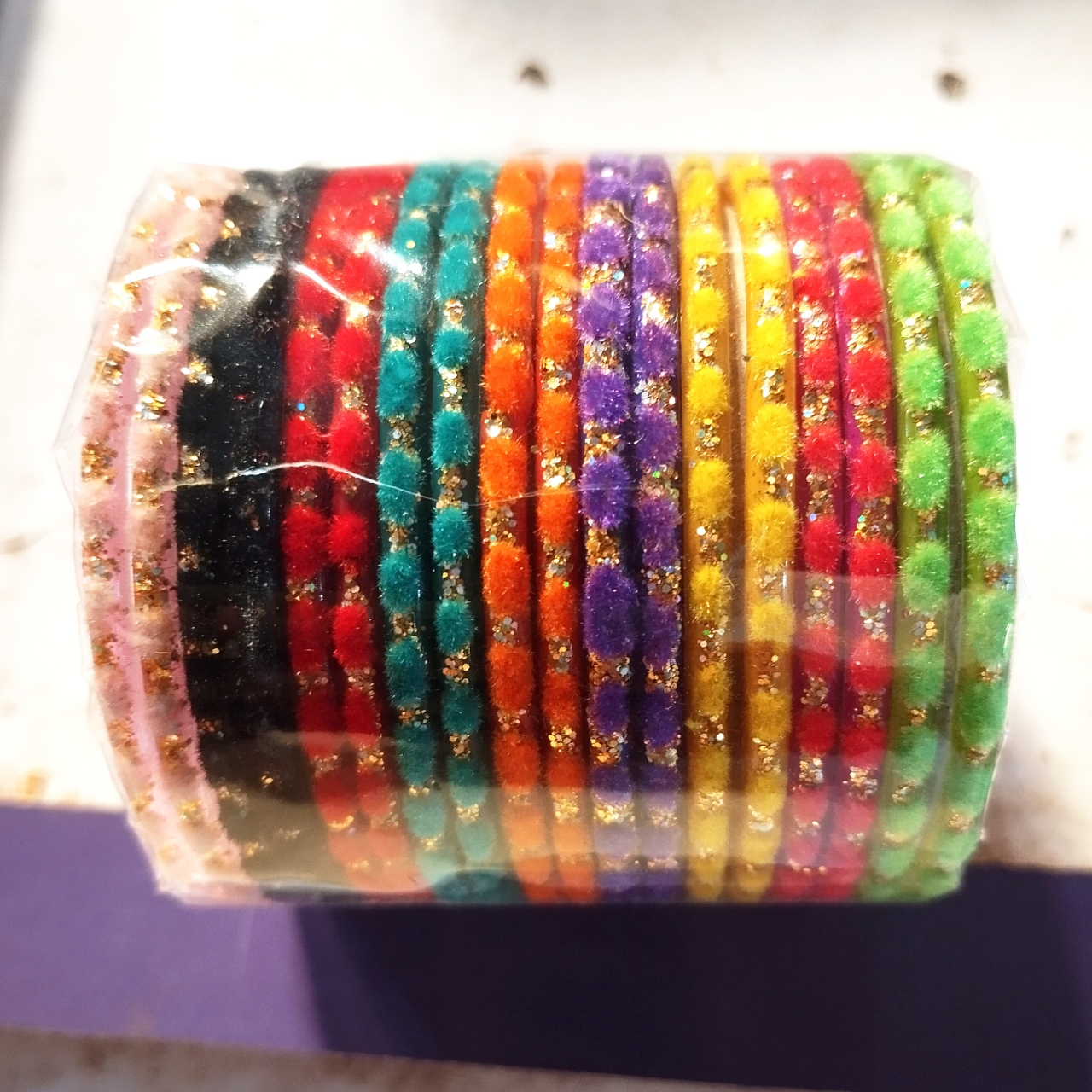 Multi Colour 24 pieces/ 2 Dozen velvet with Golden Dots glass bangles ...
