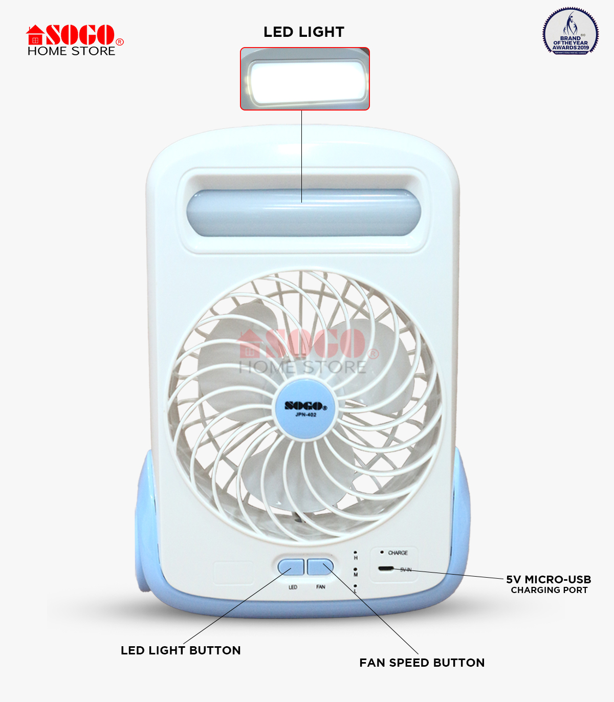 Sogo Rechargeable Mini Table Fan With Torch Light (JPN-402) | Daraz.pk