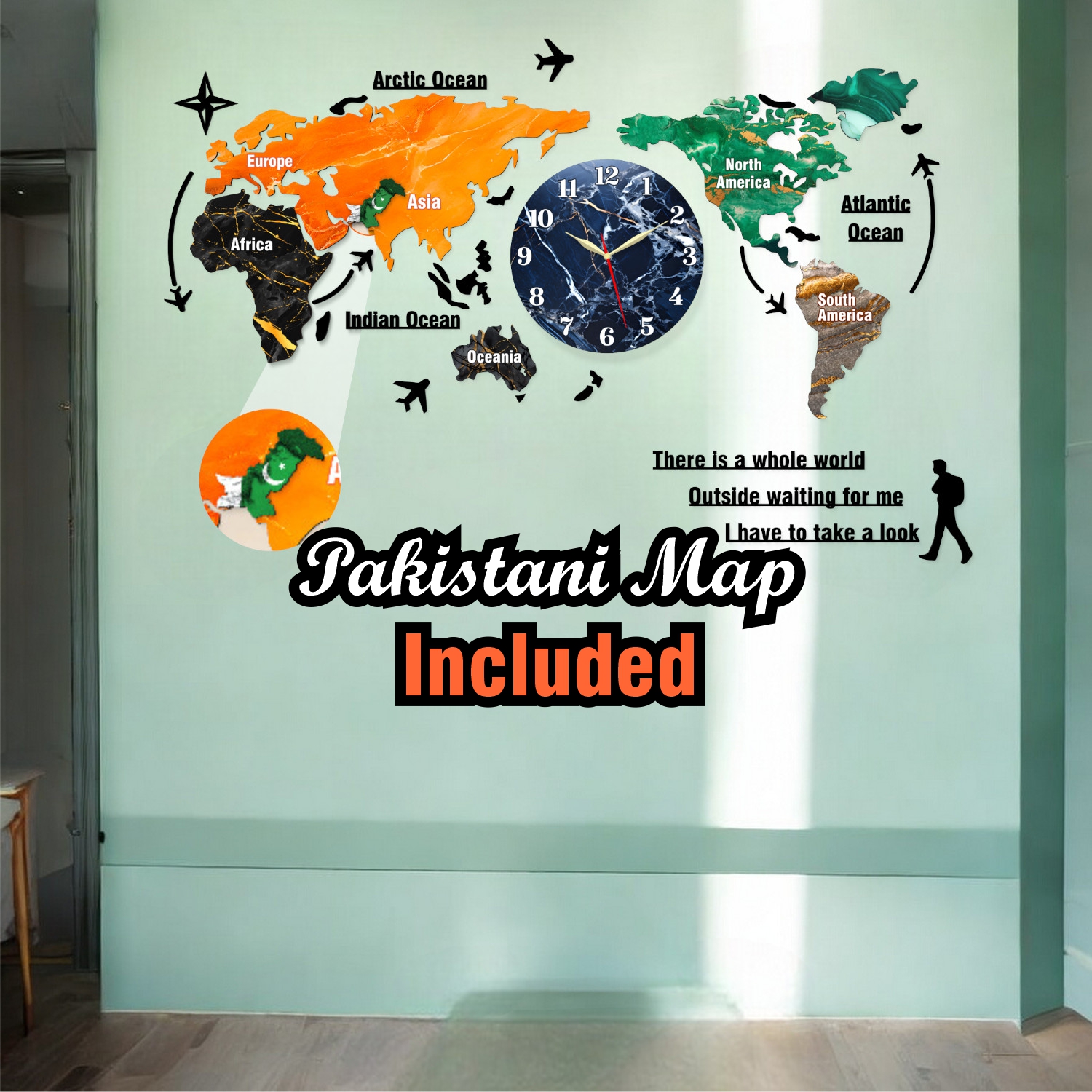Vibrant World Map Wall Clock - Large 127cm DIY Wooden Art for Home and ...