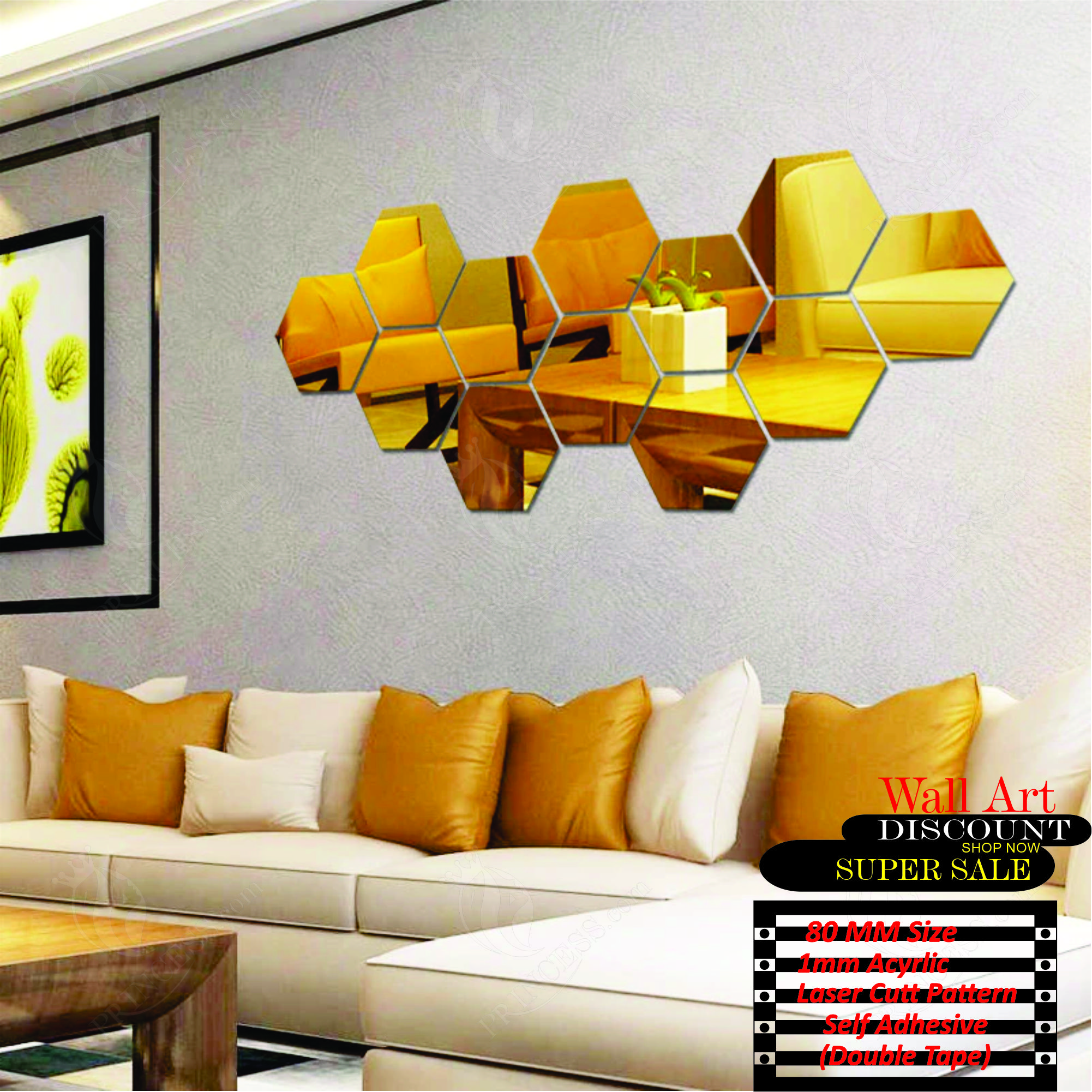 Hexagon Mirror Wall Stickers Acrylic Self Adhesive Mosaic Tiles Sticker ...