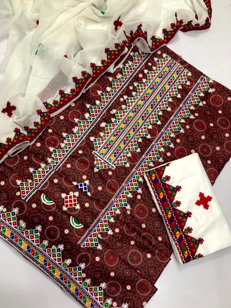 Sindhi Ajrak Embroidered lawn 3 piece Suit with Embroidered Chiffon ...
