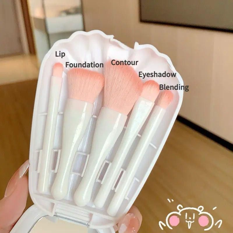 5pcs Shell Makeup Brush Set With Mirror Blush Powder Eyeshadow ...
