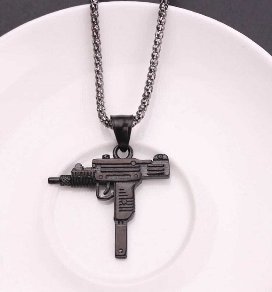 Mens Black Chain Necklace High Quality Stainless steel Uzi toy gun ...