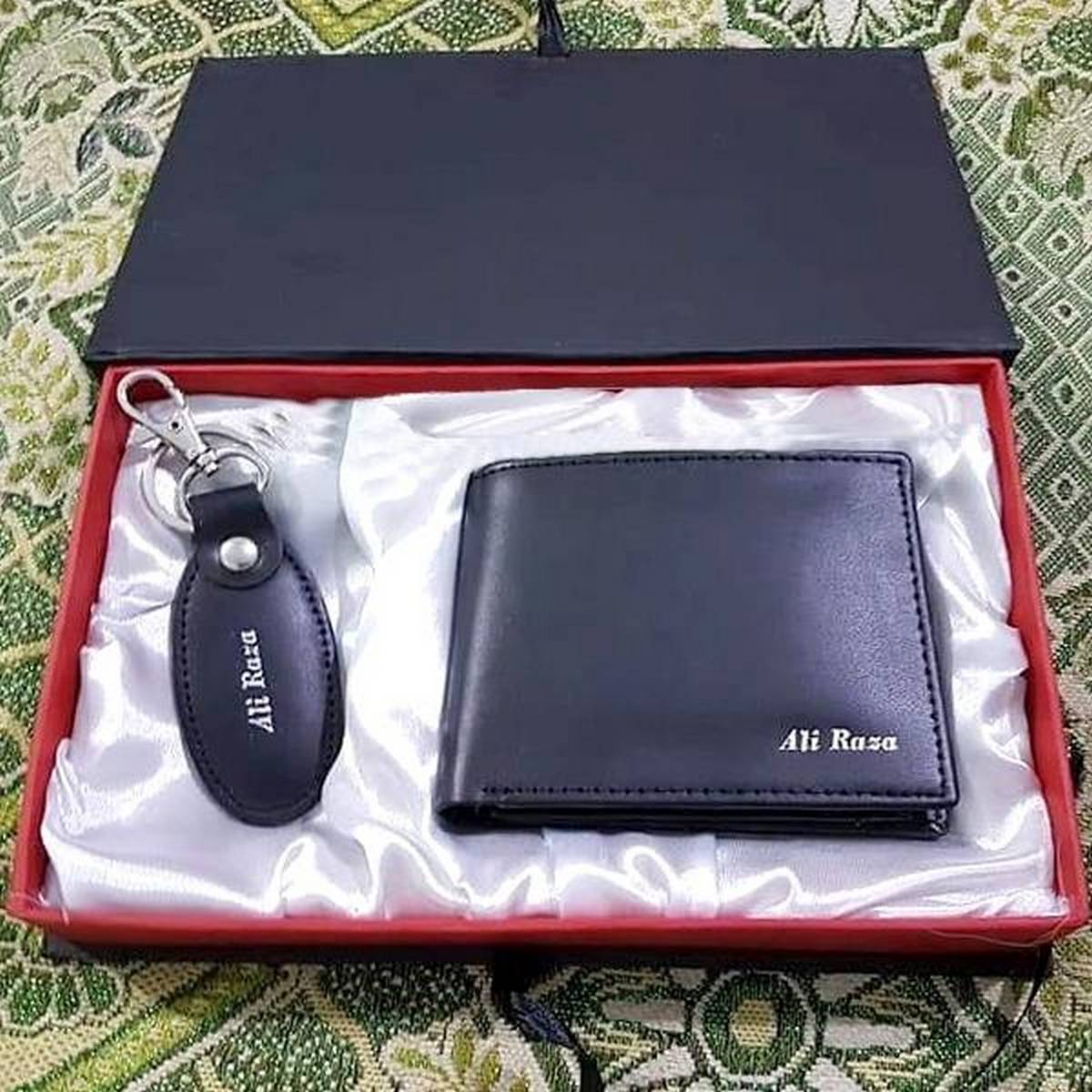 Genuine Leather Customized Name Wallet and Keychain Gift Set | Daraz.pk