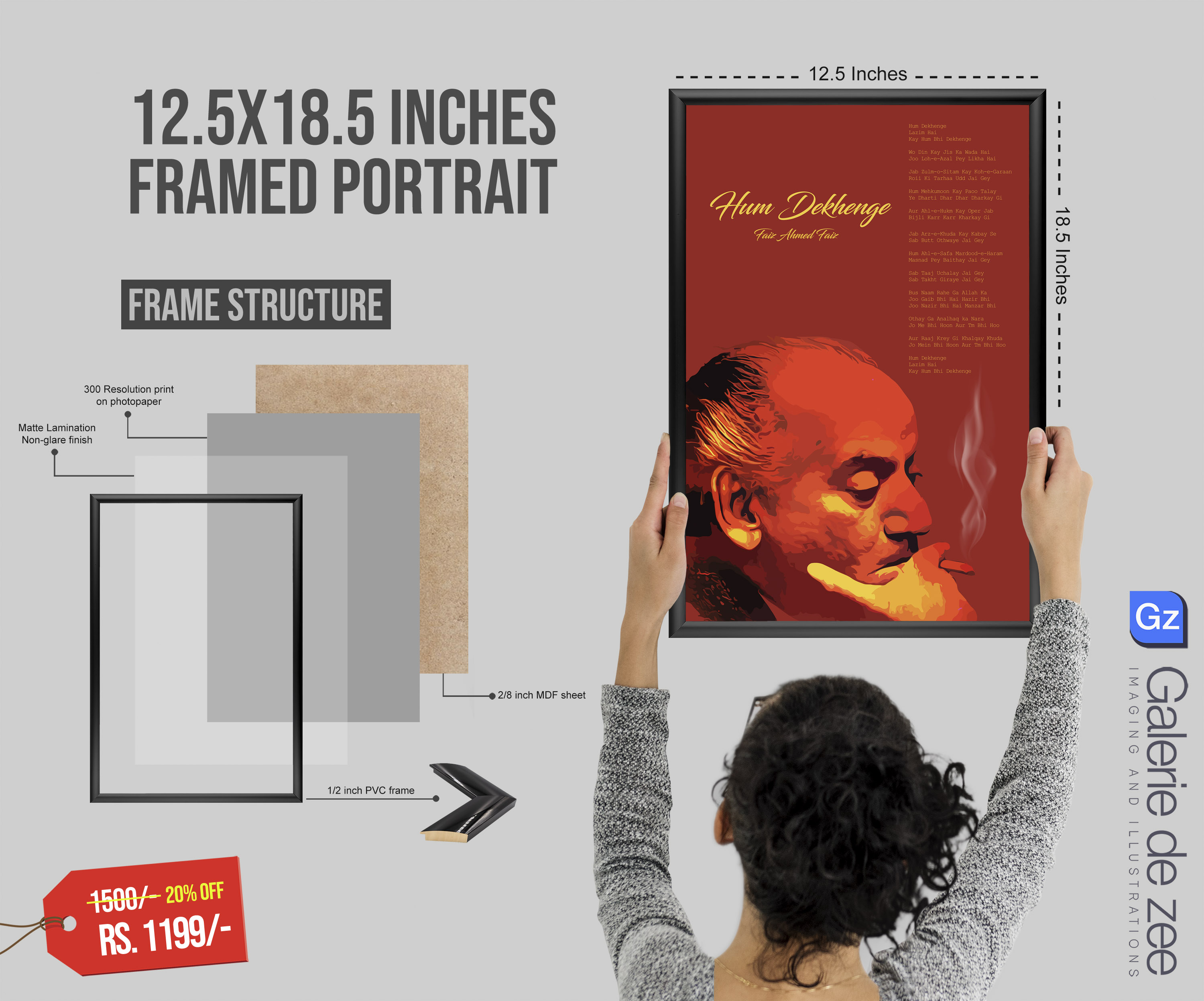 Faiz Ahmed Faiz (Hum Dekhenge) framed illustration artwork portrait ...