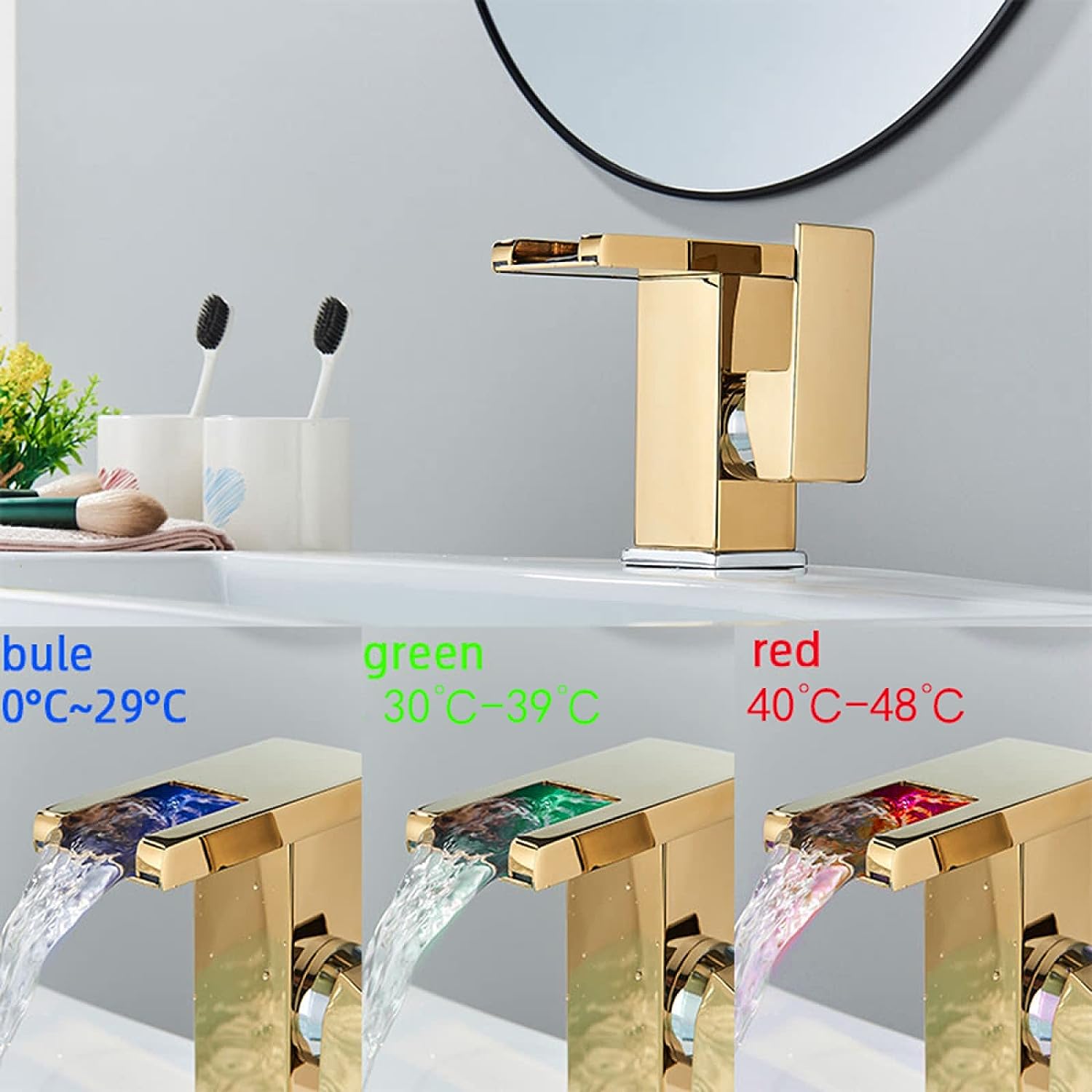 Led Waterfall Bathroom Sink Tap, Taps for Bathroom Basin Brass, 3 ...