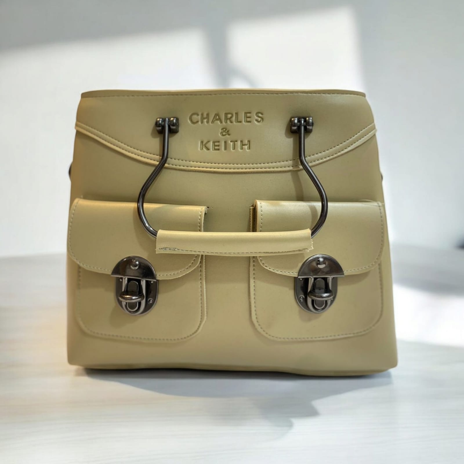 Elegant Structured Handbag with Top Handle – Navy Blue & Beige ...