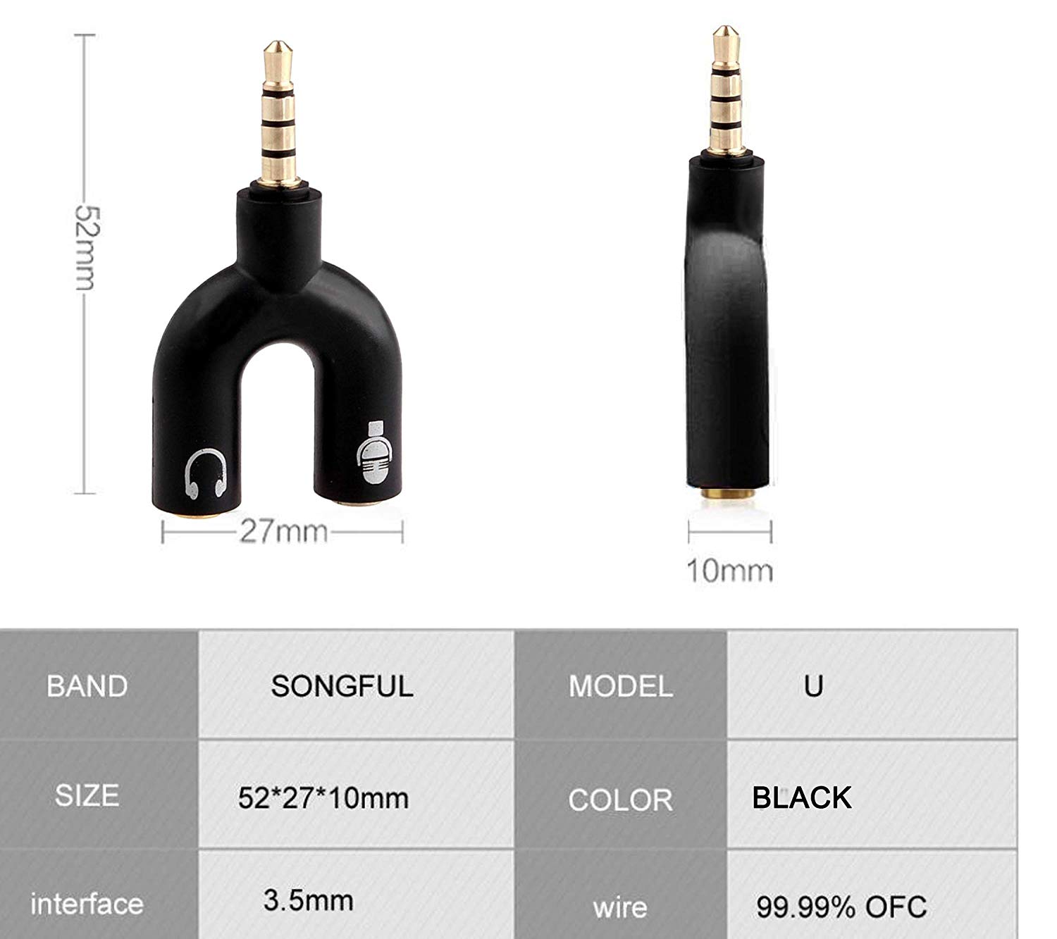 Prime Style SPLITTER HEADPHONE MICROPHONE ADAPTER U SHAPE Gold plated 3 ...