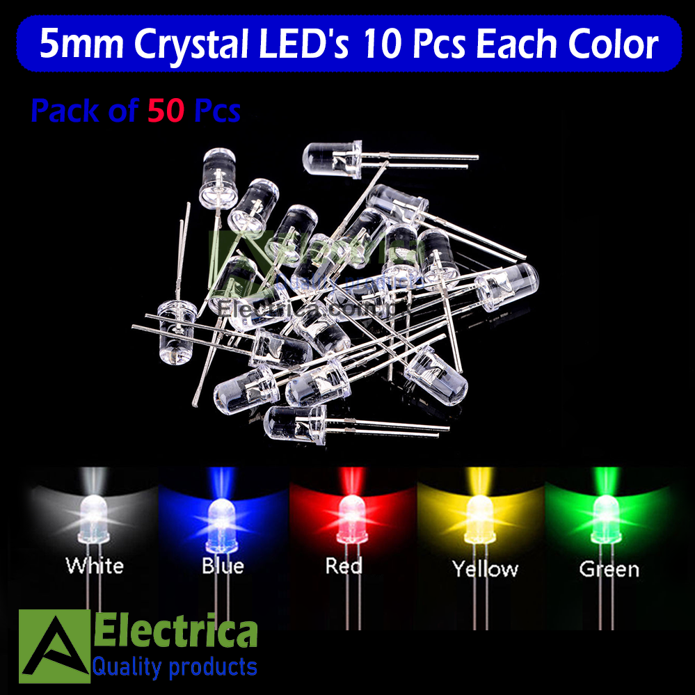 Pack of 50 20mA 5mm Crystal & Diffused Red Green Yellow Blue White ...