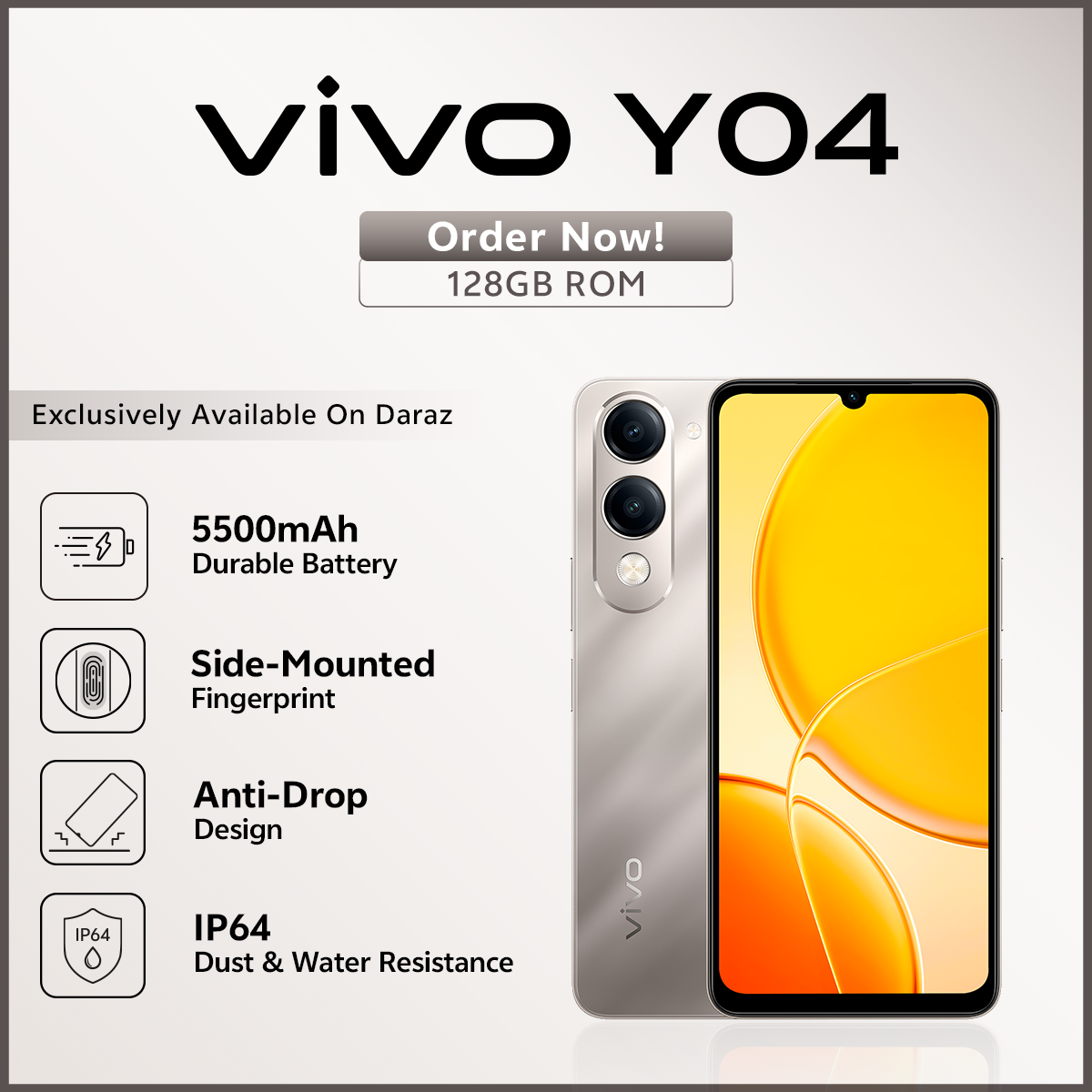 vivo Y04 - (4+4)GB Extended RAM - 64GB / 128GB ROM - 13MP Rear Camera - 5500mAh Battery - Side ...