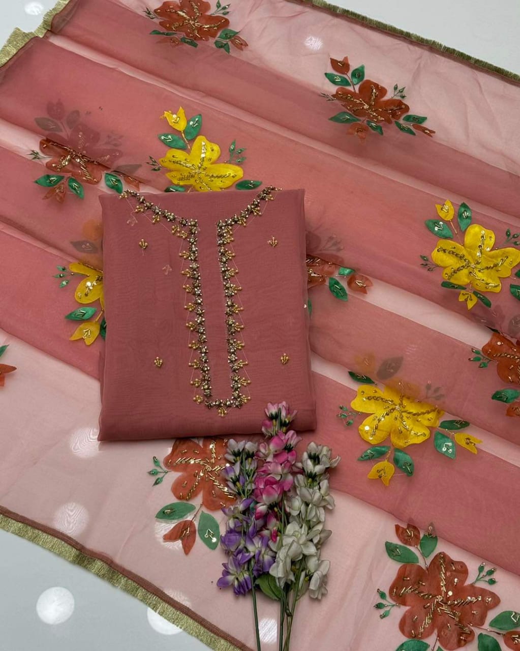 Fancy collection Handwork Stones And Beads Work Organza Shirt With ...