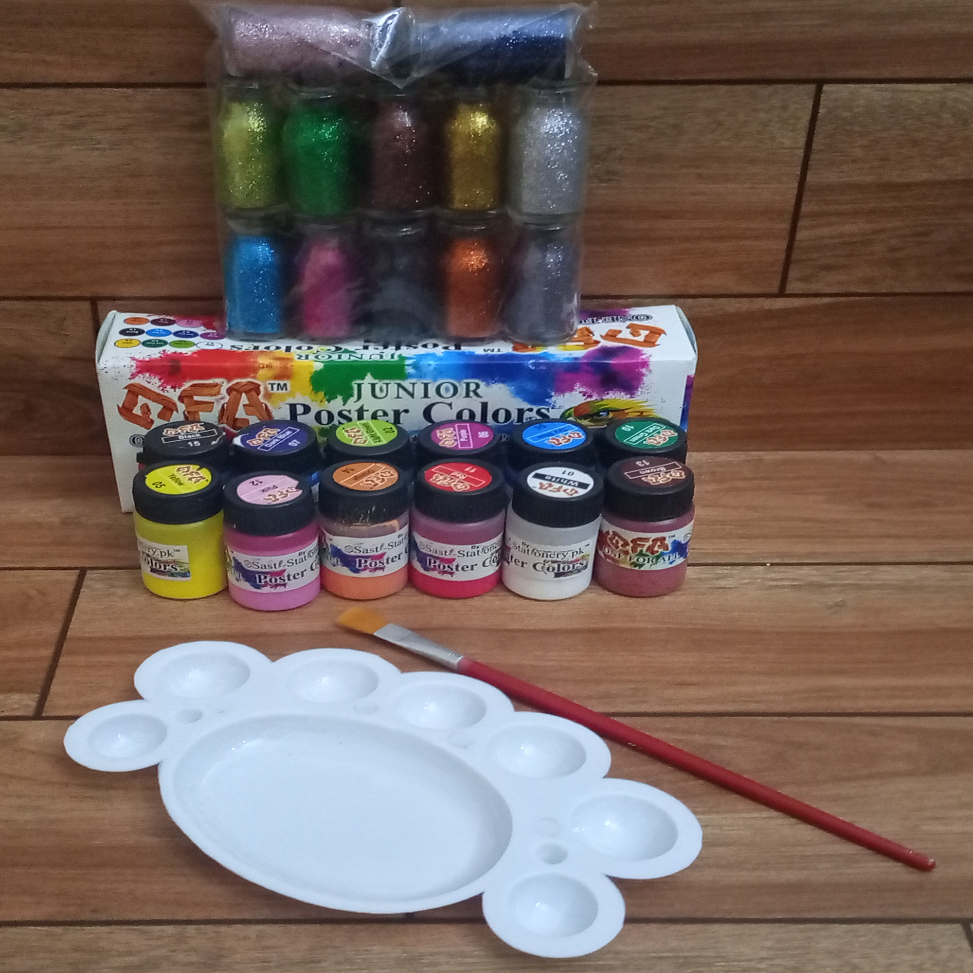 Poster Colors - 12 different shades bottles 30cc + 12 glitter +1 brush ...