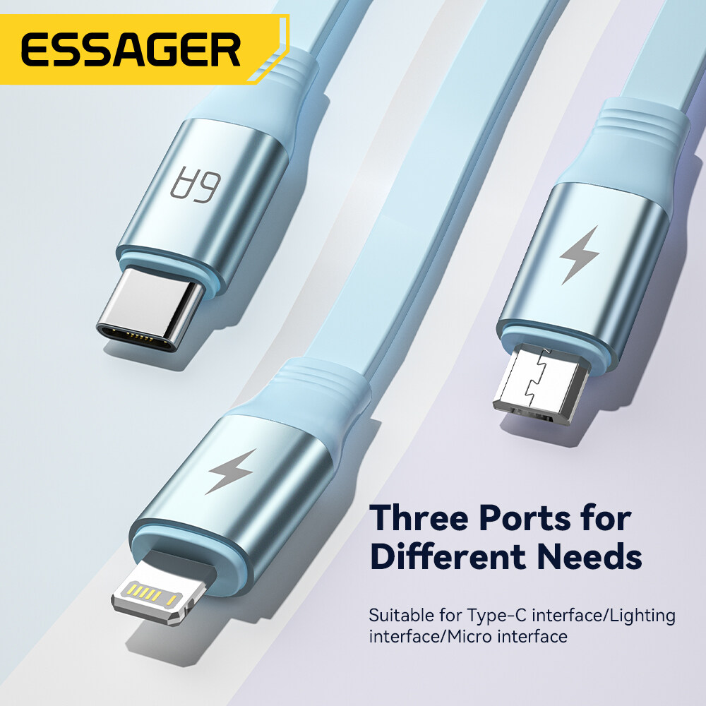 Essager 6A 3 in 1 USB Type-C Stretchable Flexible Cable Fast Charging ...