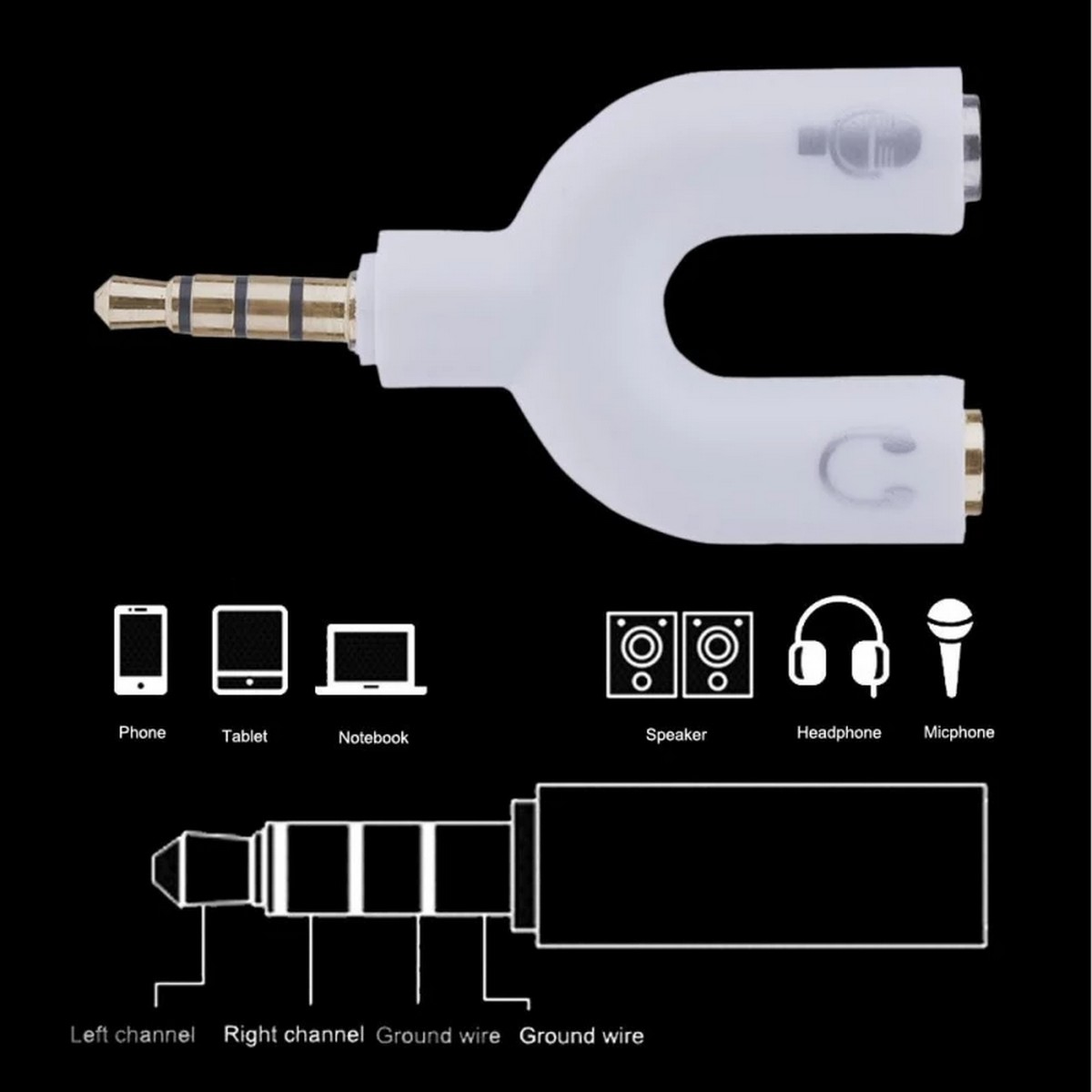 U Type Adapter Dual 3.5mm Headphone Plug Audio Cables Splitter ...