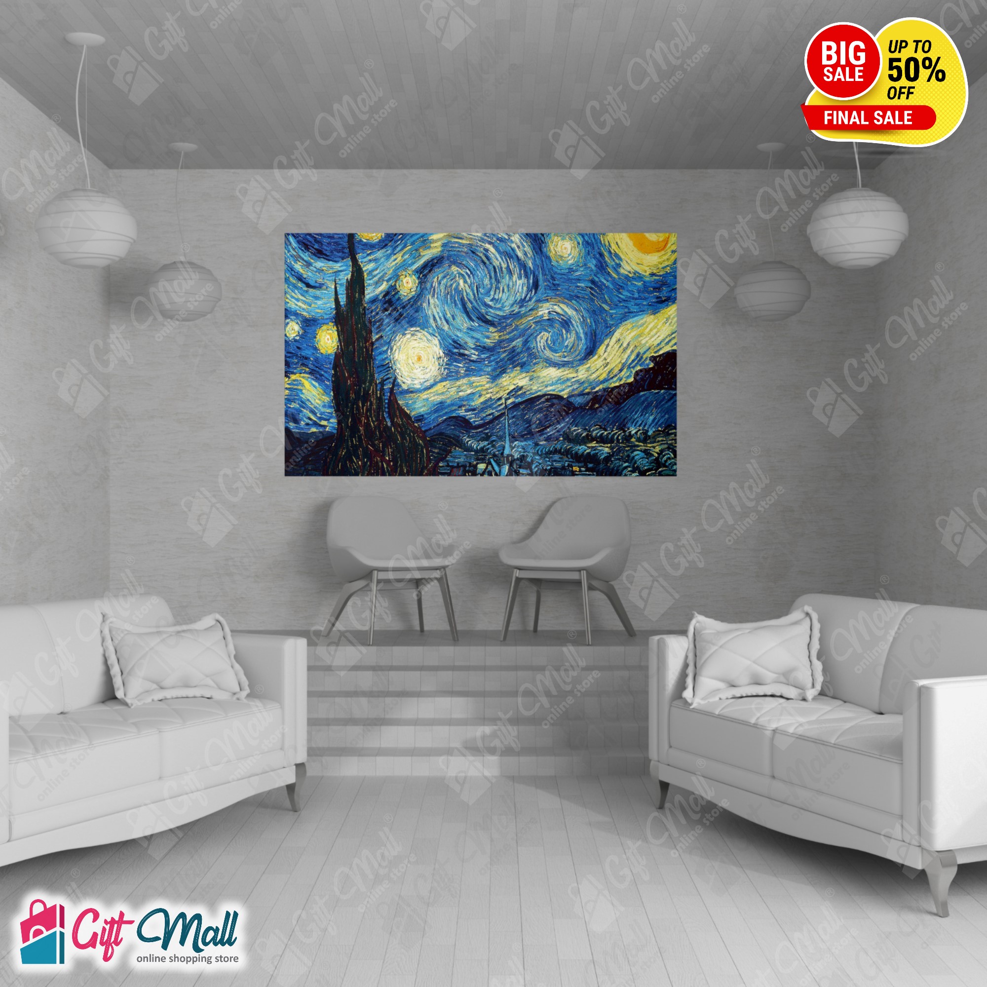 Starry Night UV Oil Canvas Print with Frame | Wall Art for Home Decor ...