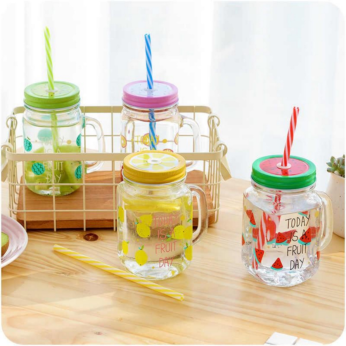 Multicolor Heat Resistant Fruity Glass Mason Jar Mugs Fruit Juice Cups with Lid and Straw For ...