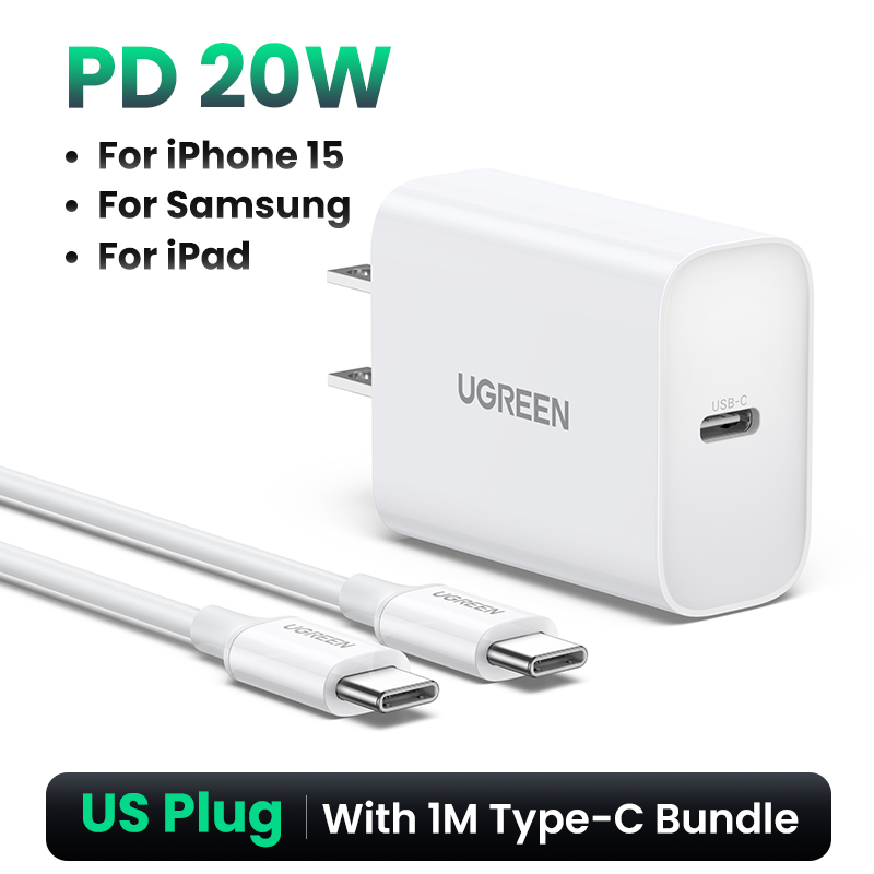 【PD20W Set】UGREEN USB Type C 20W PD Fast Charger for iPhone 15 pro max with 1 Meter Type C Cord ...