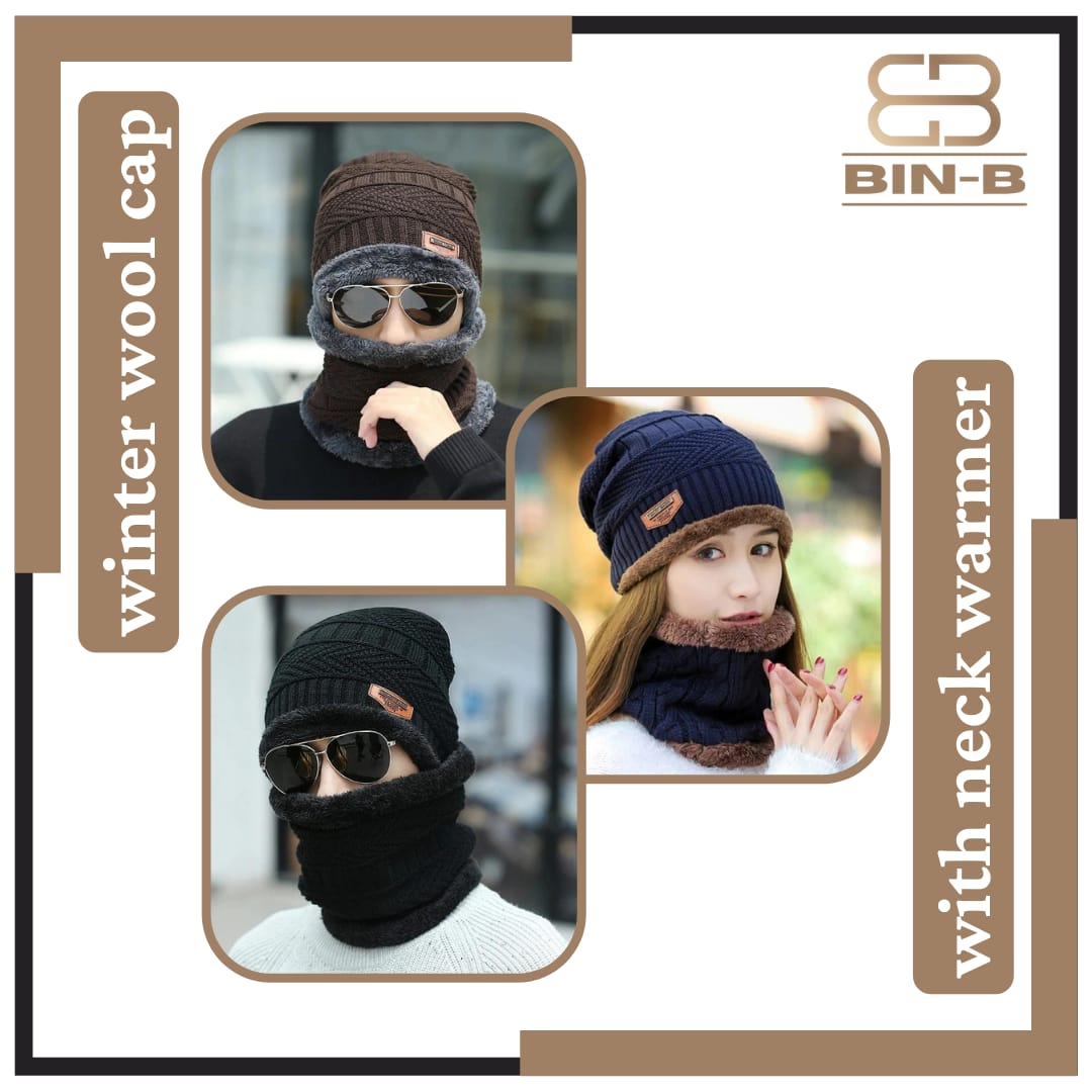 BIN-B Beanie cap-Wool cap with neck warmer for men women| Winter cap ...