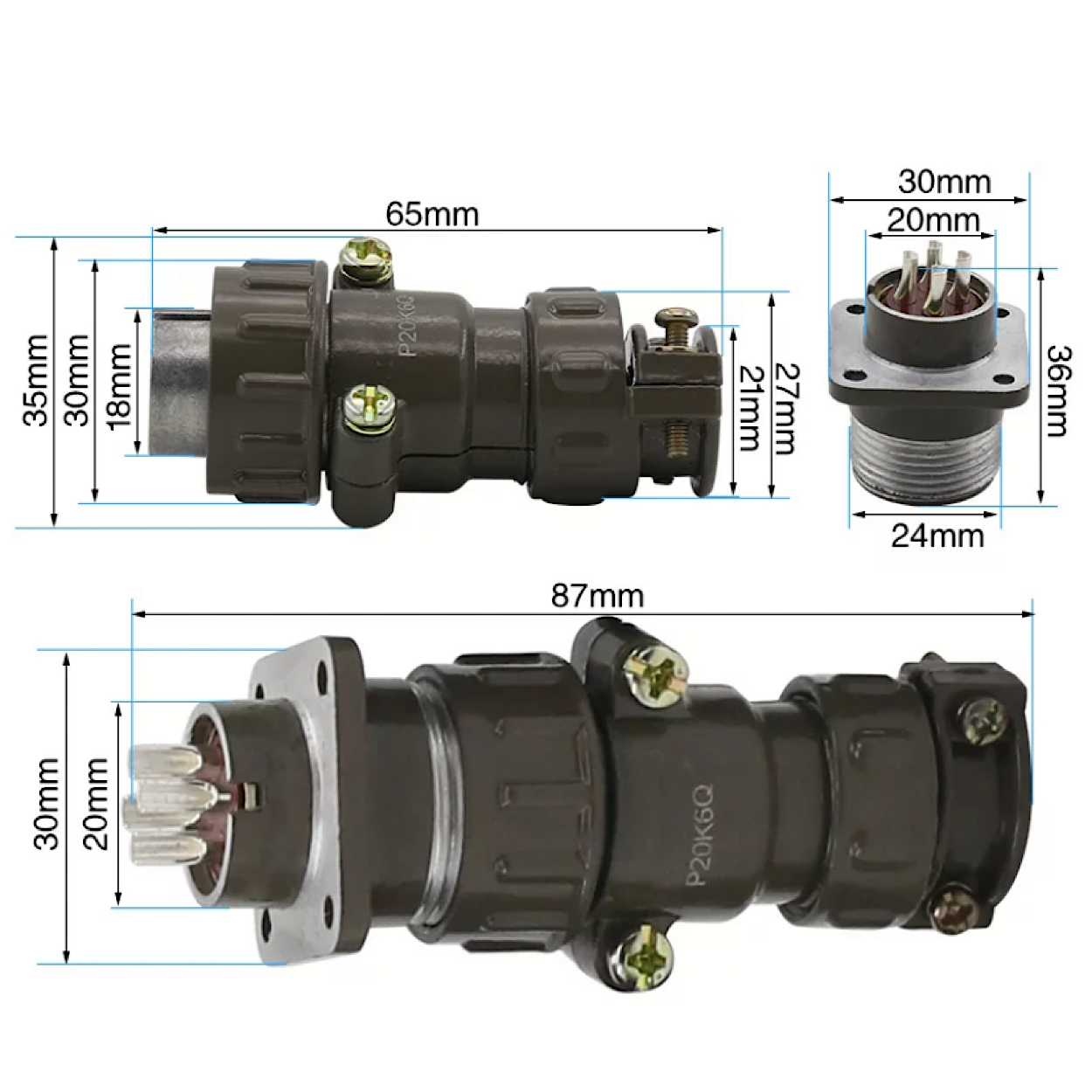 Aviation plug socket round connector P20 series 2.3.4.5.7core diameter ...