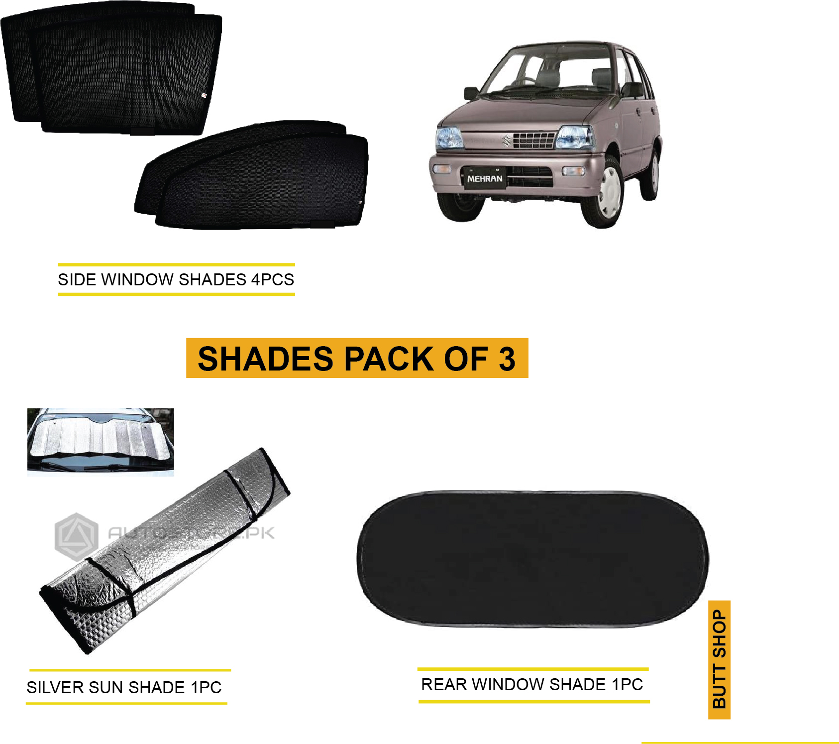 SUZUKI MEHRAN COMPLETE SHADES FOR CAR PACK OF 3 ,SIDES WINDOW SHADES ...