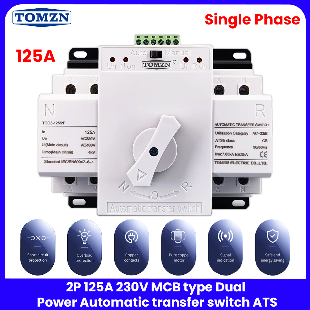 Tomzn 2P Automatic Transfer Switch ATS Changeover 63A/125A - 230V MCB type Dual Power Automatic ...