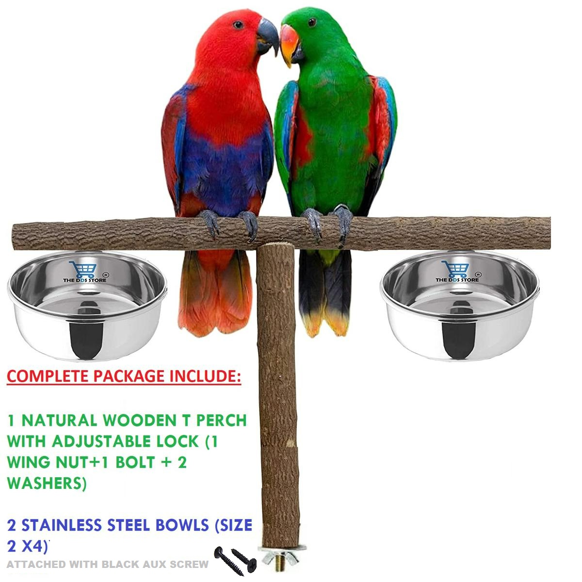 Zymal Store Natural wooden T shape perch with 2 attached stain less ...