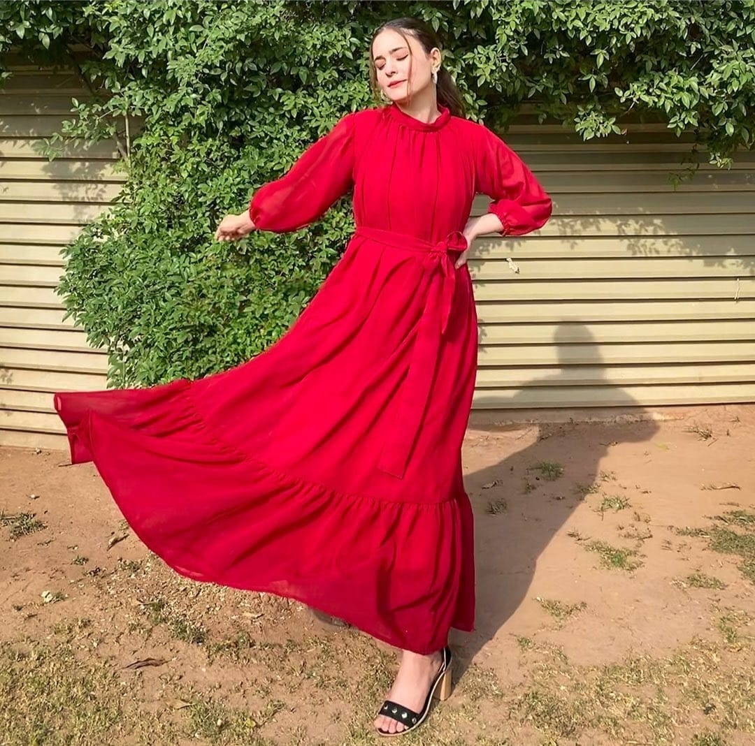 SMOKI Chiffon PLAIN SIMPLE Balloon Sleeves Dress | Daraz.pk