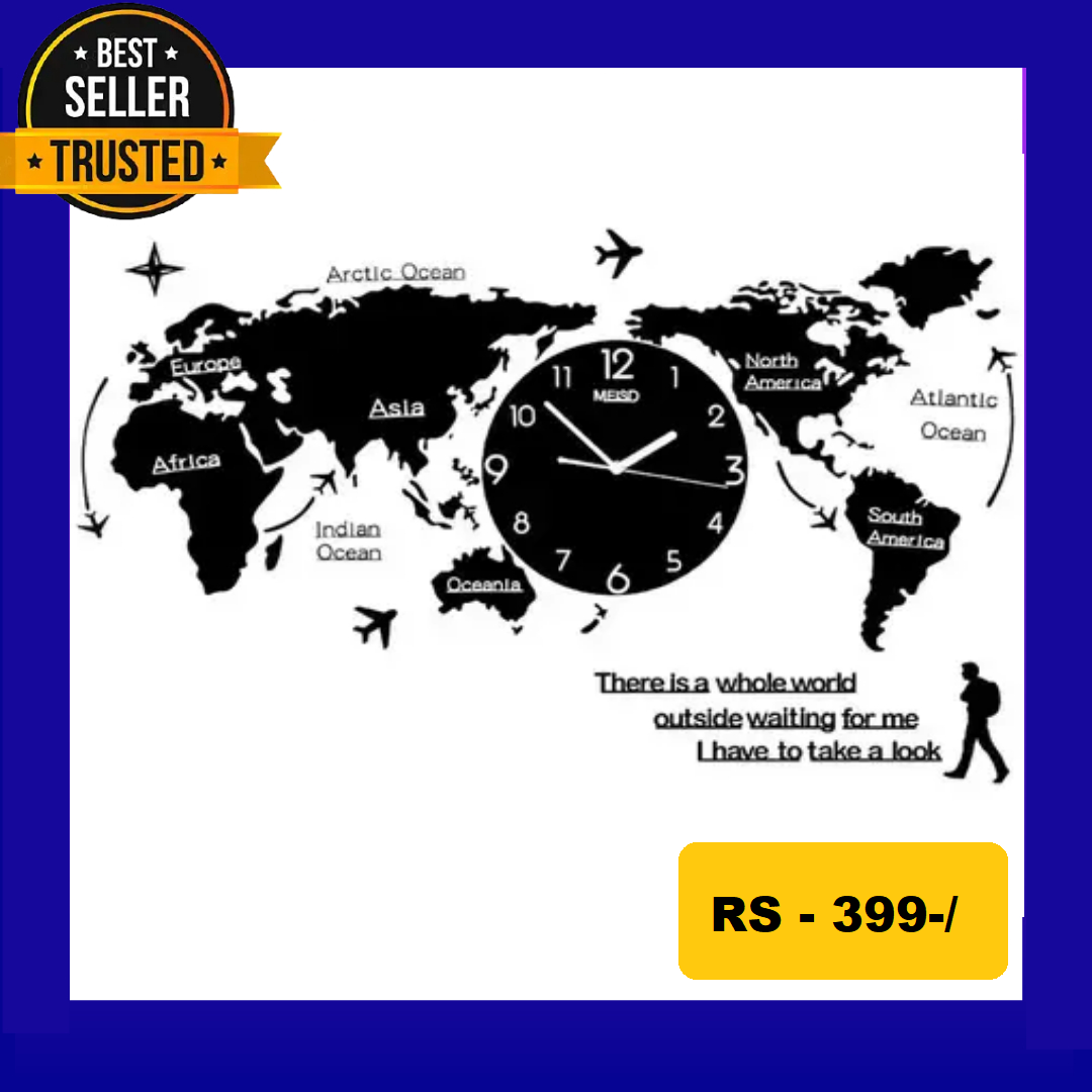 World MAP WALL CLOCK - Wooden Large Size Modern Design 3D World Map ...