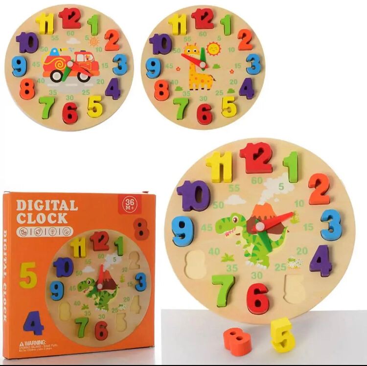 Wooden Teaching Clock Learning Time Kids Toys, Wooden Clock Toy Digital ...