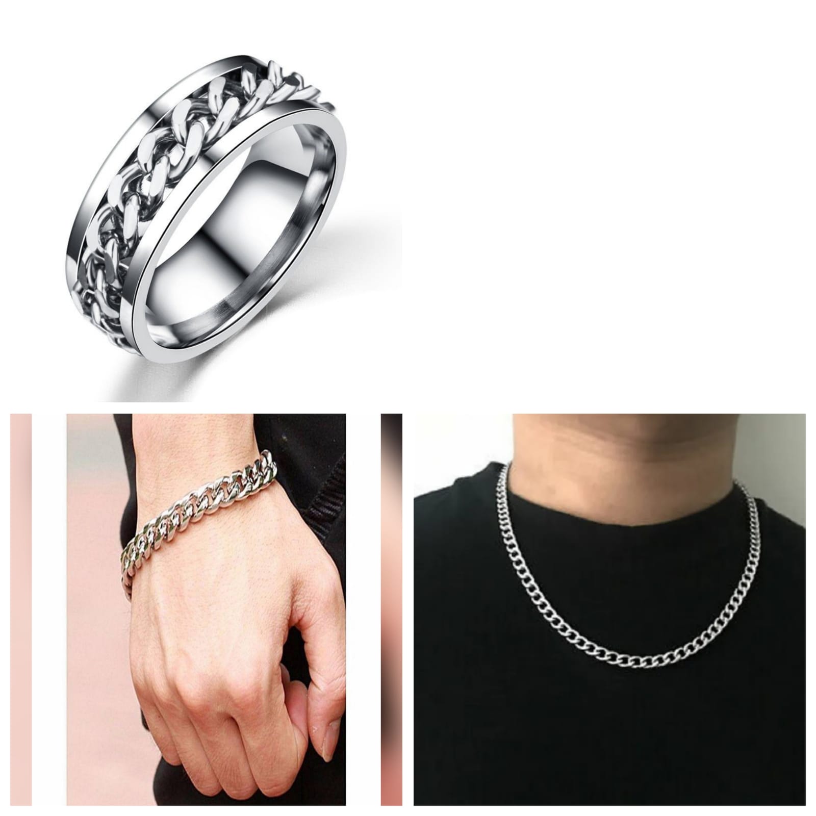 Pack of 3 Pure Silver Stainless Steel Thin Cuban Chain Challa and ...