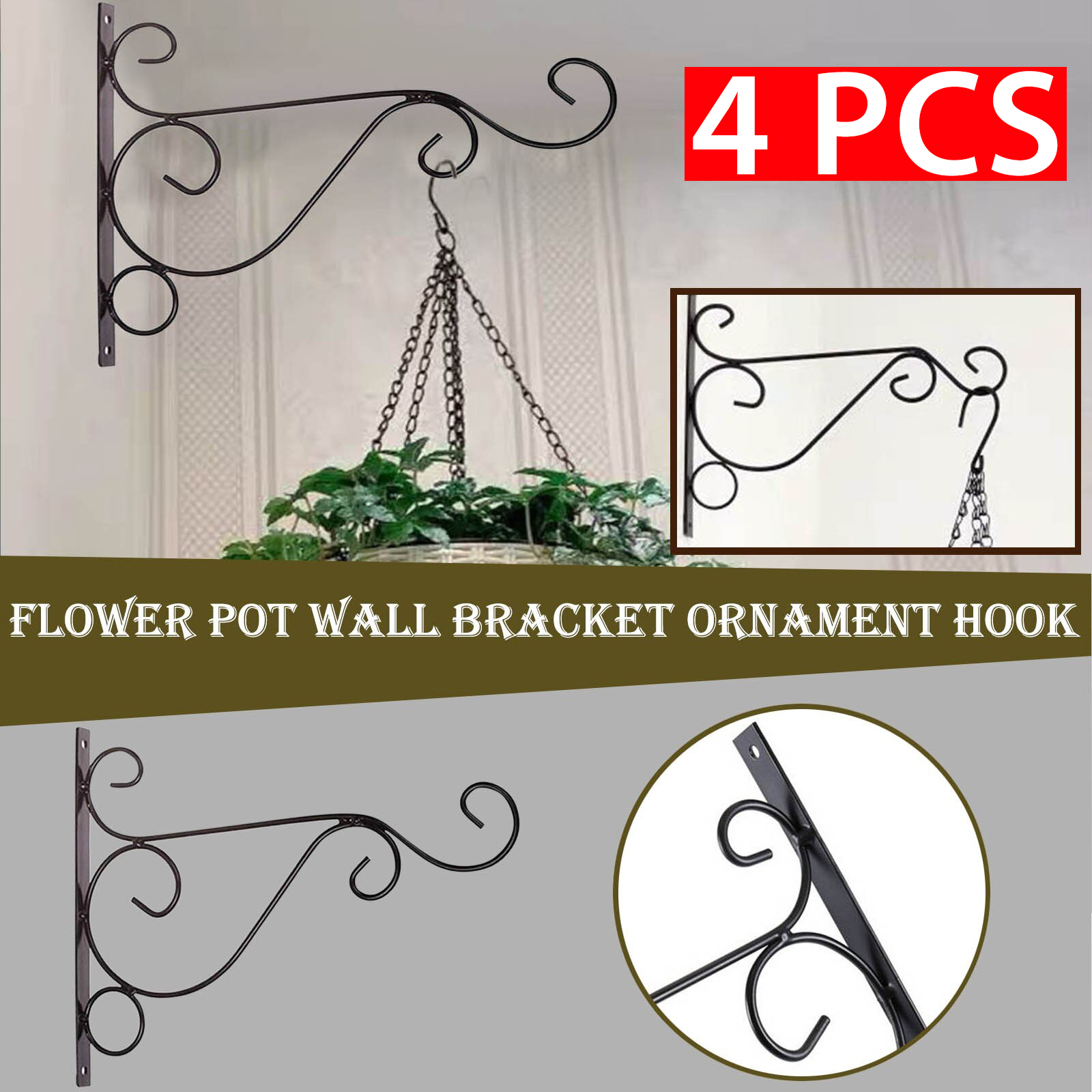 Iron Garden Wall Hanging Stand - Flower Plant Pot Bracket Hook Shelf ...