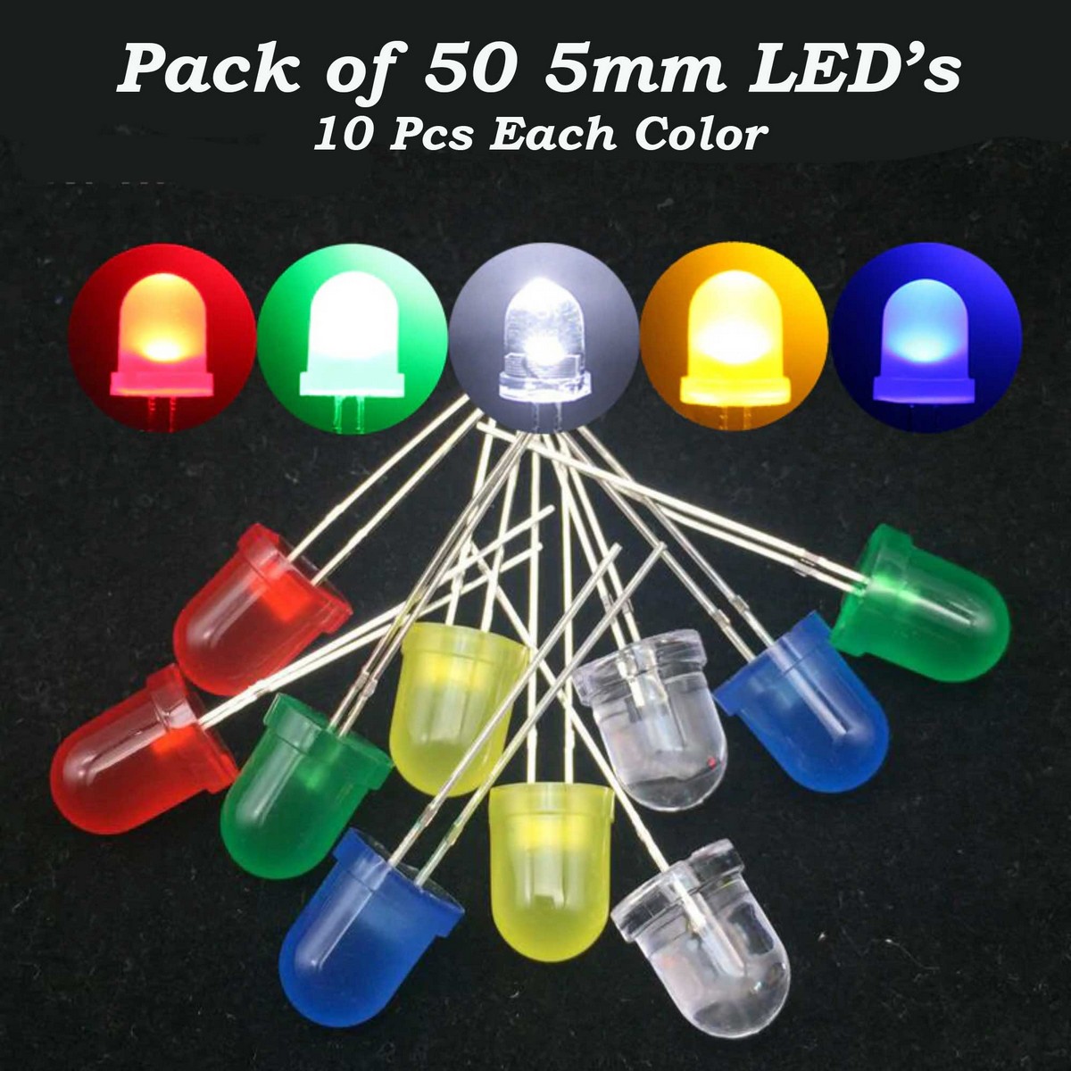 Pack of 50 Premium Quality Light Emitting Diodes LED Lights 5mm For ...