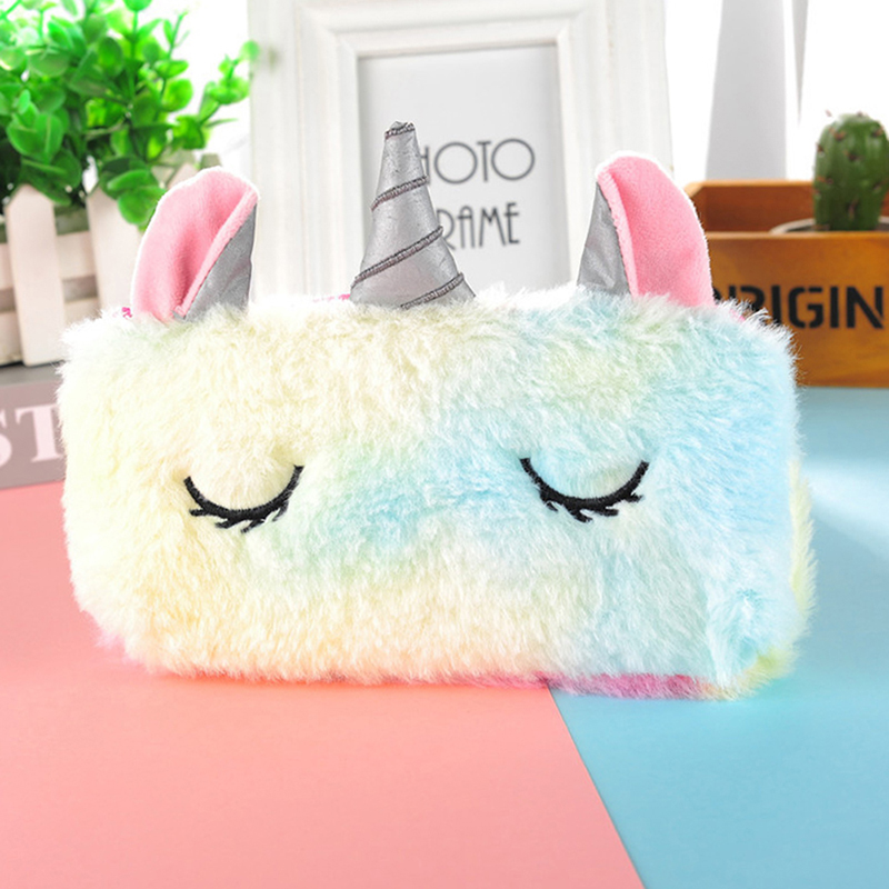 Winter Rainbow Fluffy Pencil Case Kids Cute Plush Pencil Pouch For ...