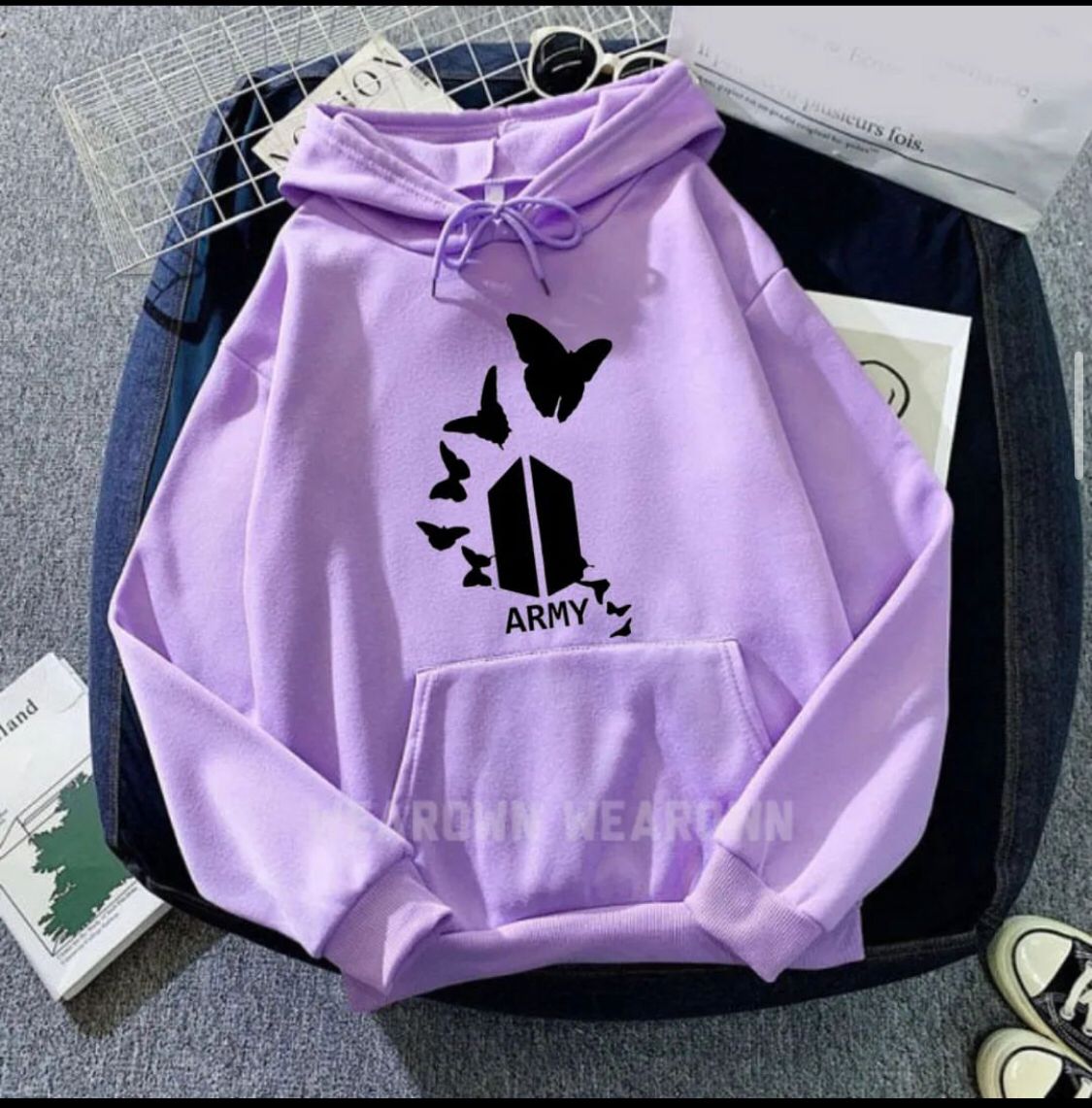 Light Purple Bts Army Printed Fleece Full Sleeves Pull Over Hoodie For ...