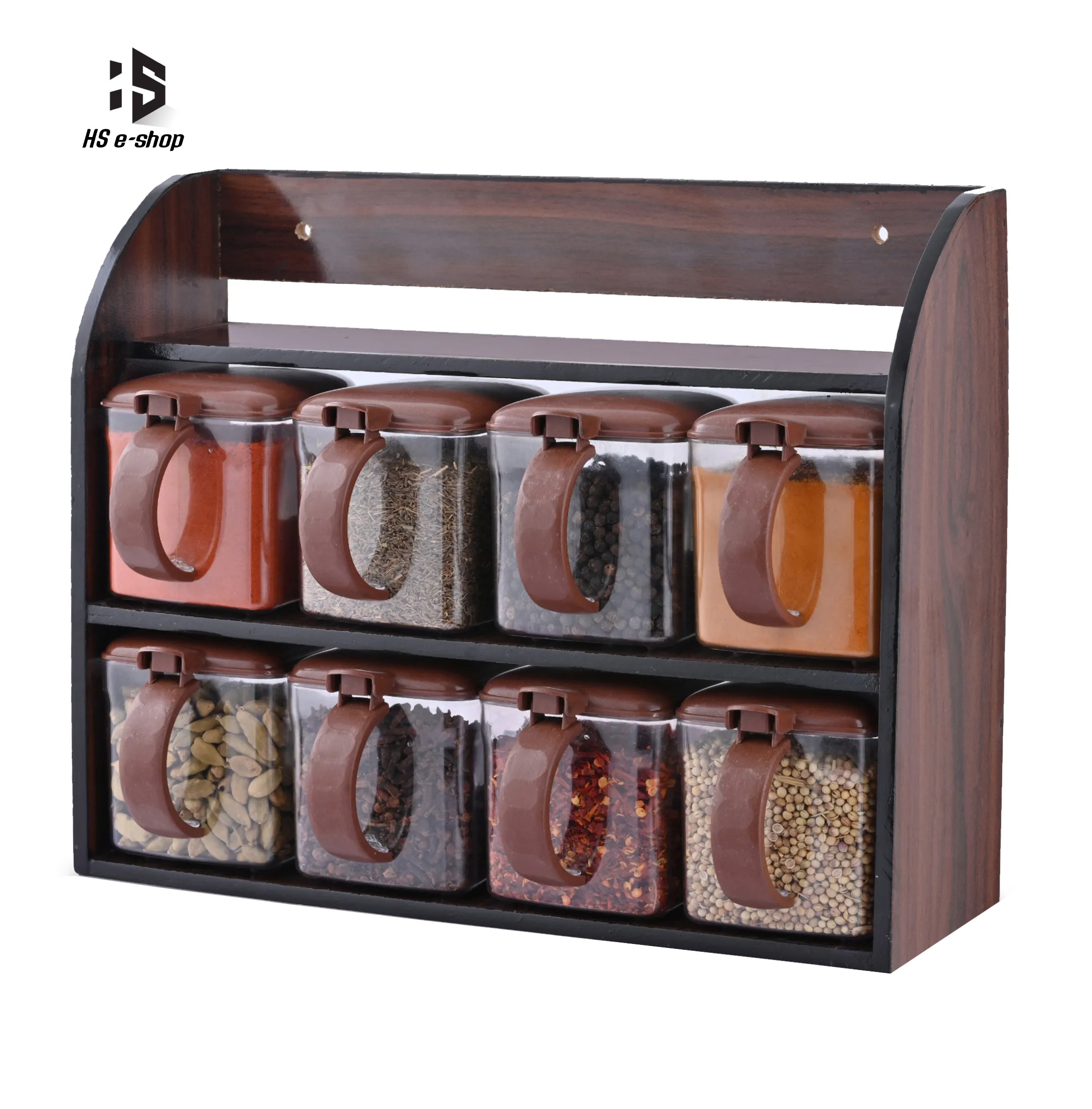 Wooden Spice Rack with 8 Crystal Plastic Jars for Kitchen Storage ...