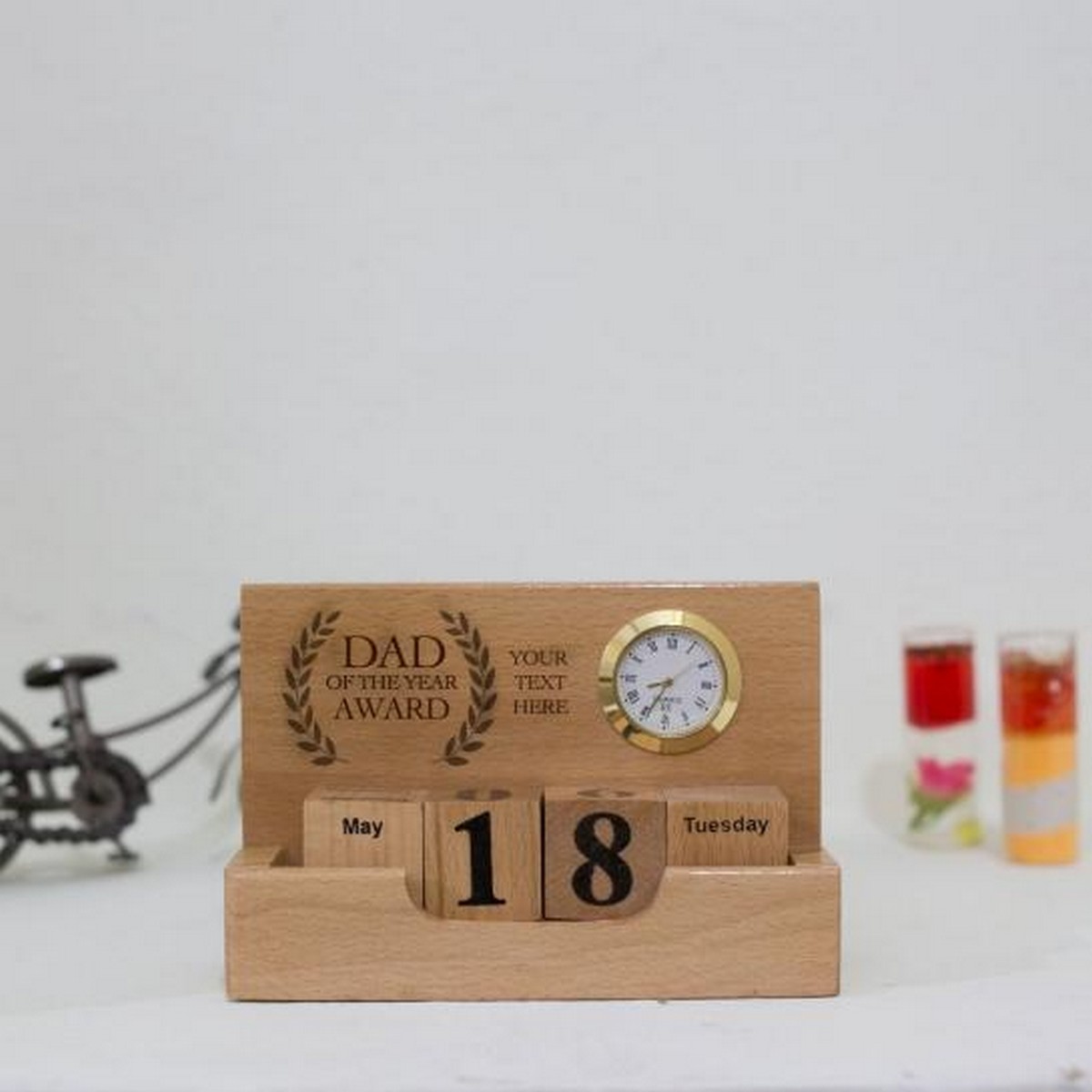 Wooden Table Calendar with Clock Customized Engraving LOGO Name ...
