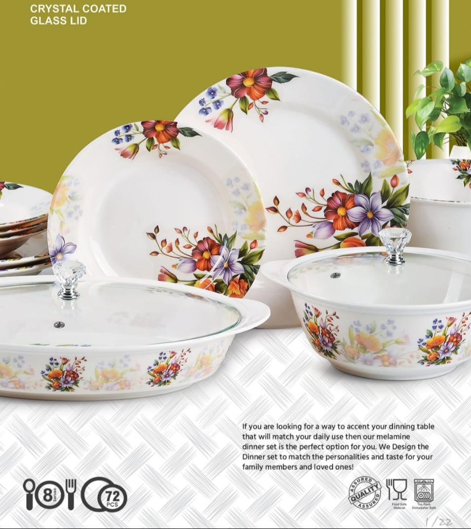 Premium Melamine Dinner Set 72 Pcs Double Glaze With Glass Lids Luxury ...