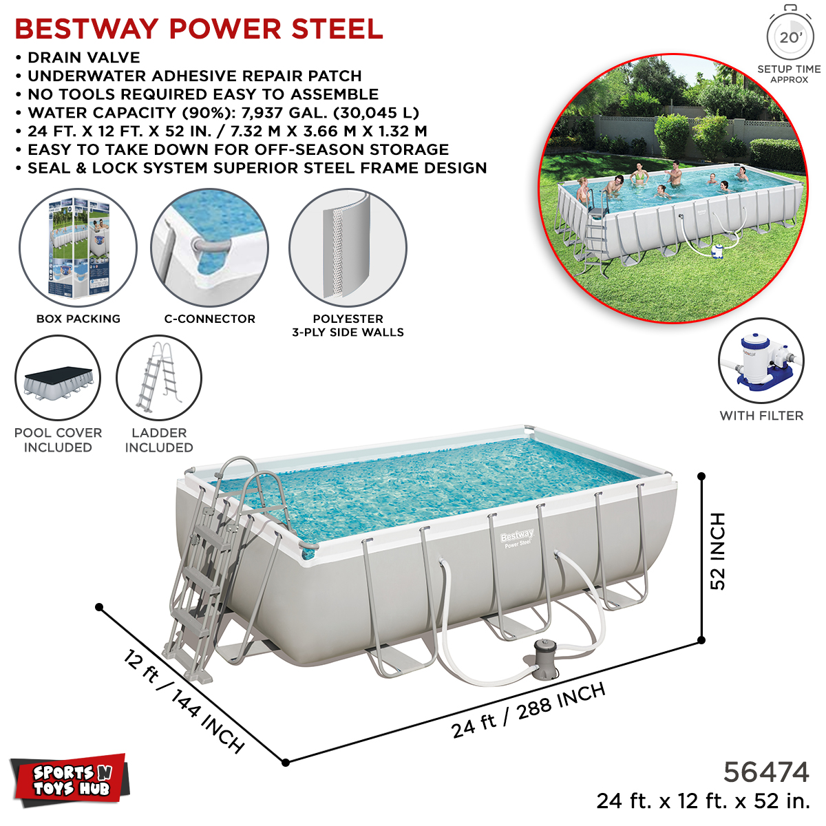 Bestway Rectangular Power Steel Above Ground 20 Ft Length, 12 Feet ...