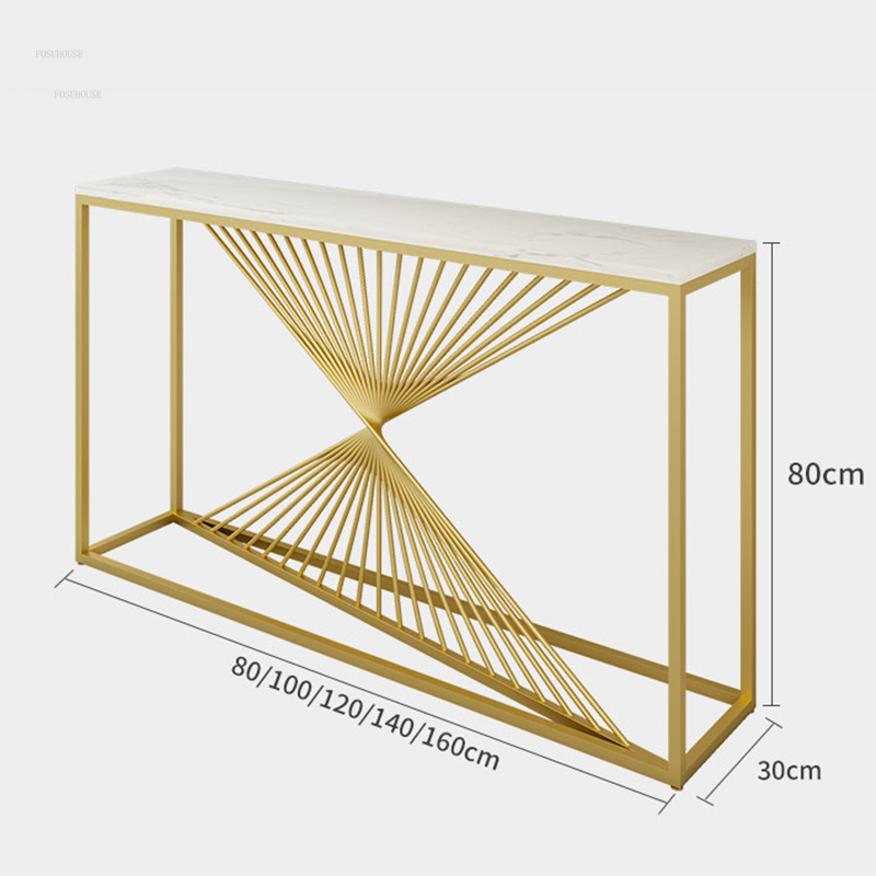 Living Room console table wooden marble texture top & iron frame ...