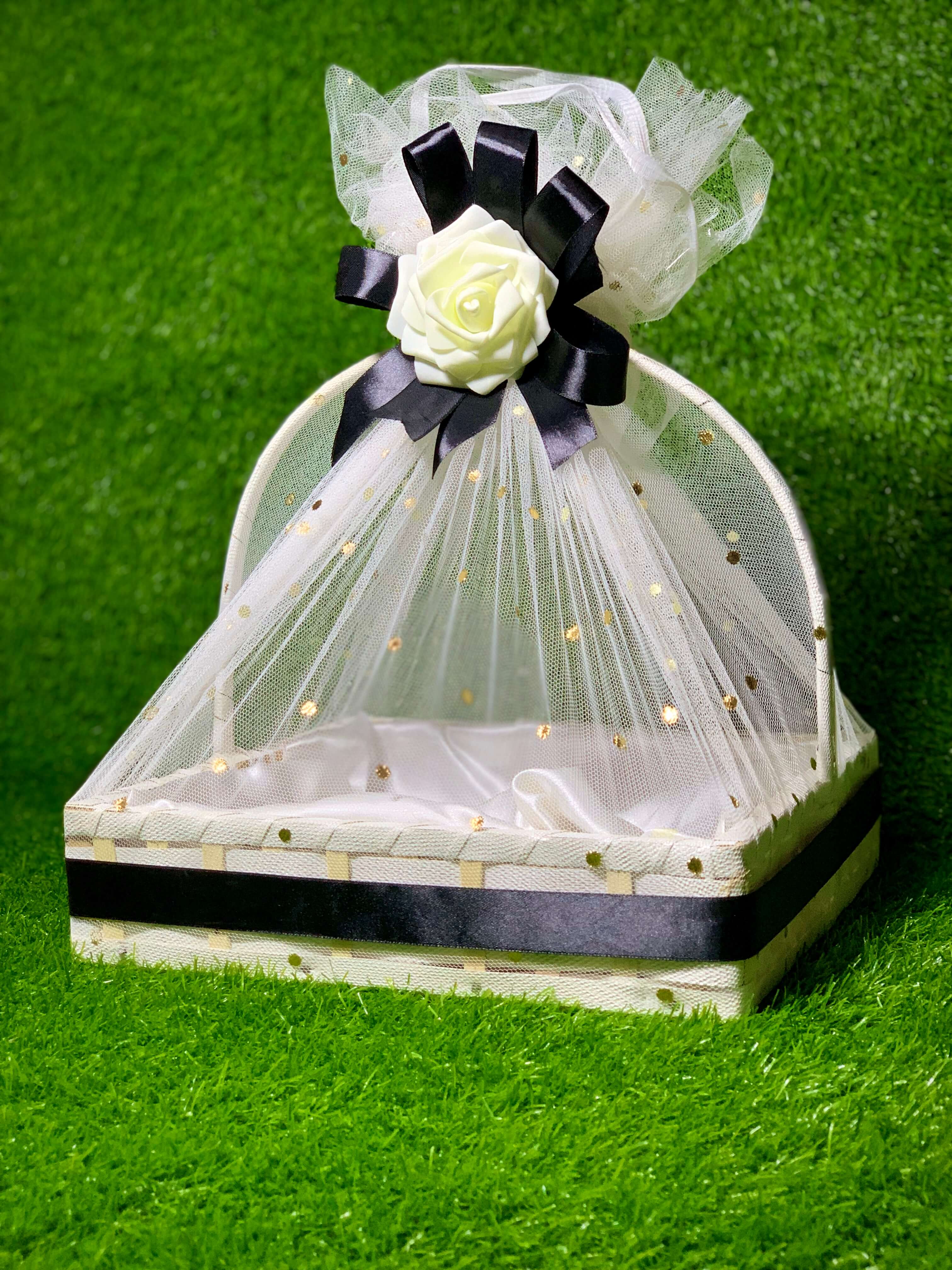 Beautiful Gift Basket with white net Wrap and beautiful flower Best for ...