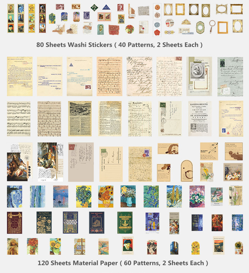 Panda Online 200PCS Retro Basic Material Paper Set Vintage Stickers Memo Album Journal Planner ...