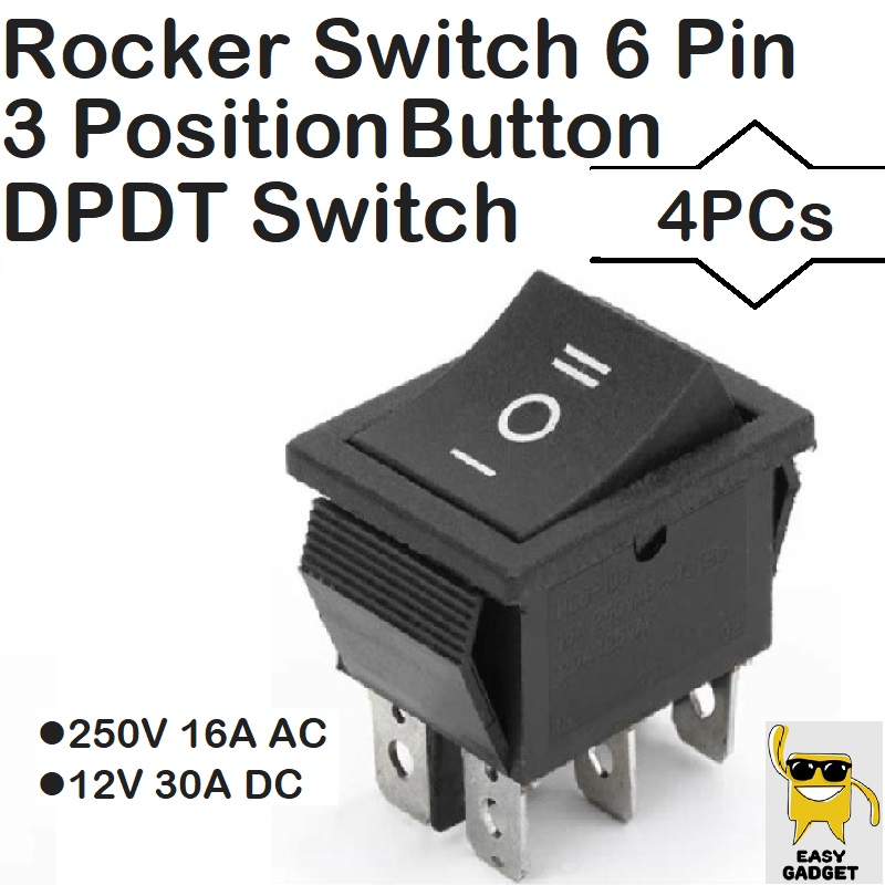 6 Pin 3 Position Button DPDT Switch | Rocker Switch | 12V 30A DC | 250V ...