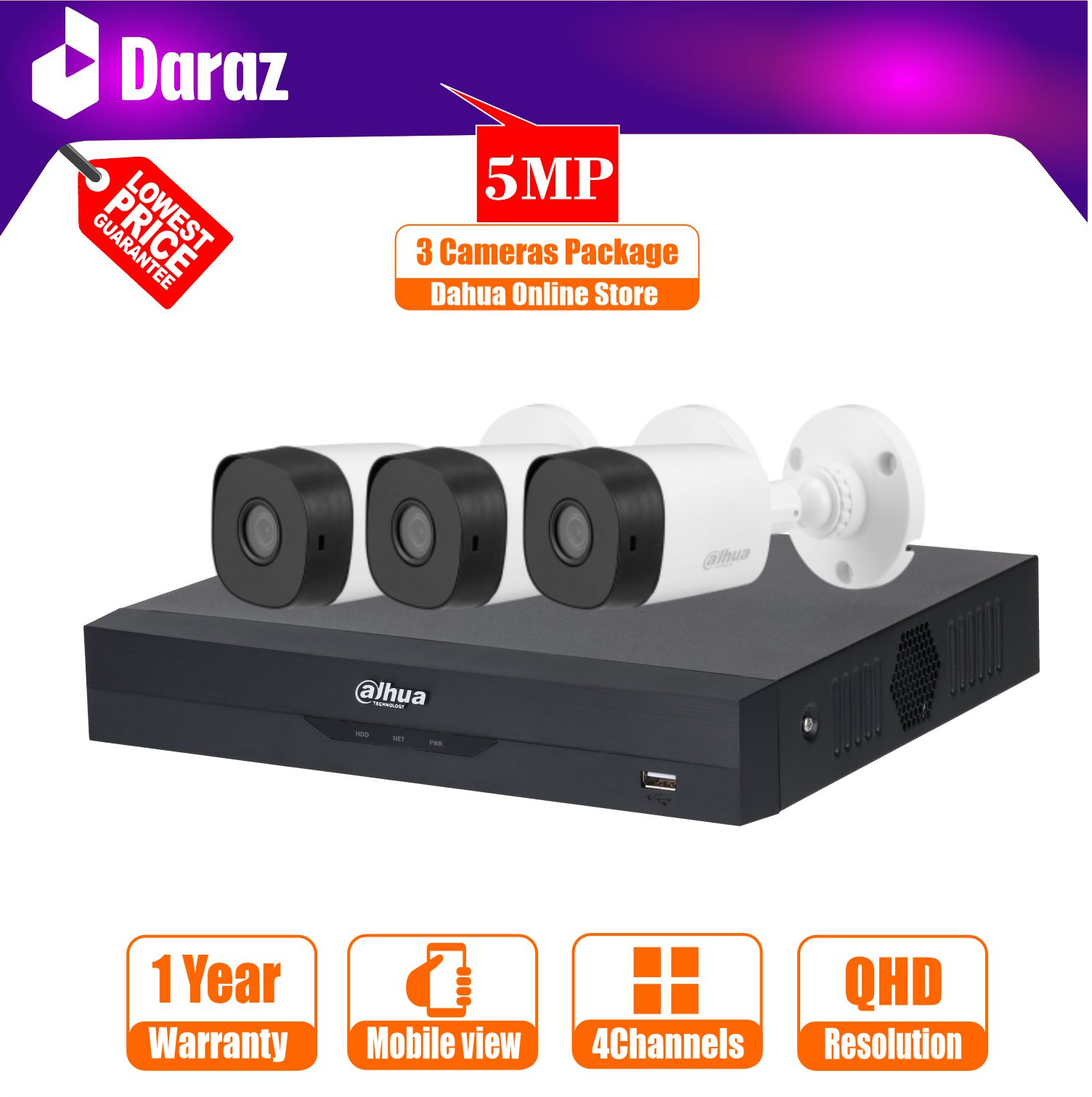 Dahua 3 Cameras Package, 5 Megapixels QHD, 3 Cameras Setup, 3 Camera ...