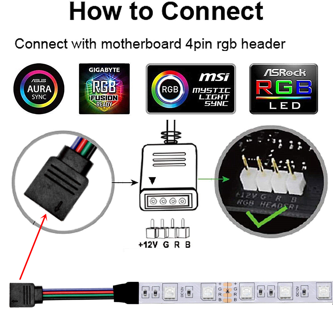 PC RGB LED Strip Light DC 12V 4 Pin RGB LED headers Motherboard SYNC ...
