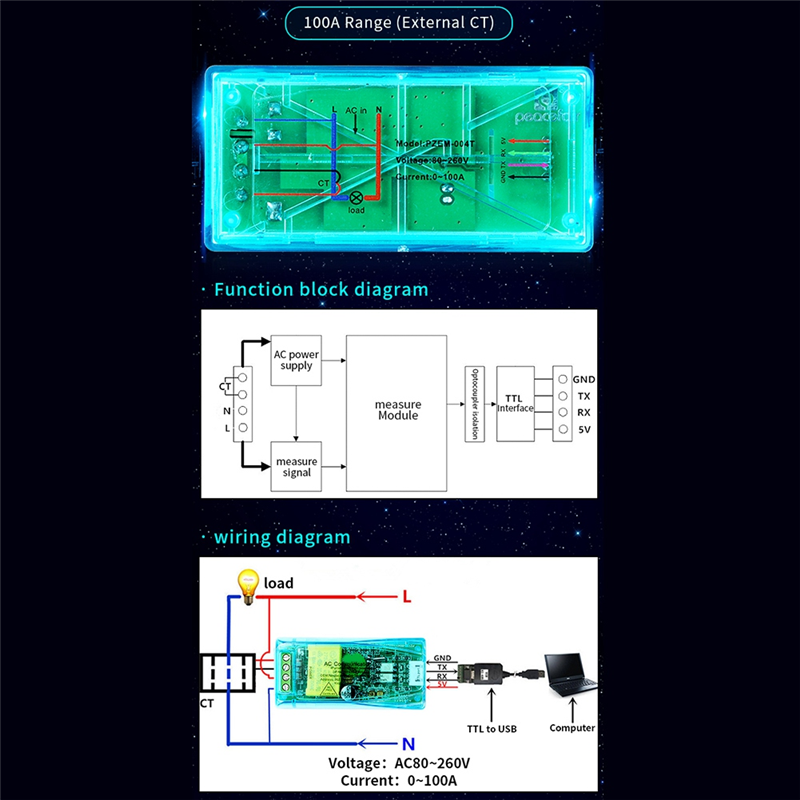 100A PZEM 004T 3.0 Wattmeter with Case+Open CT Kwh Meter Volt Amp ...