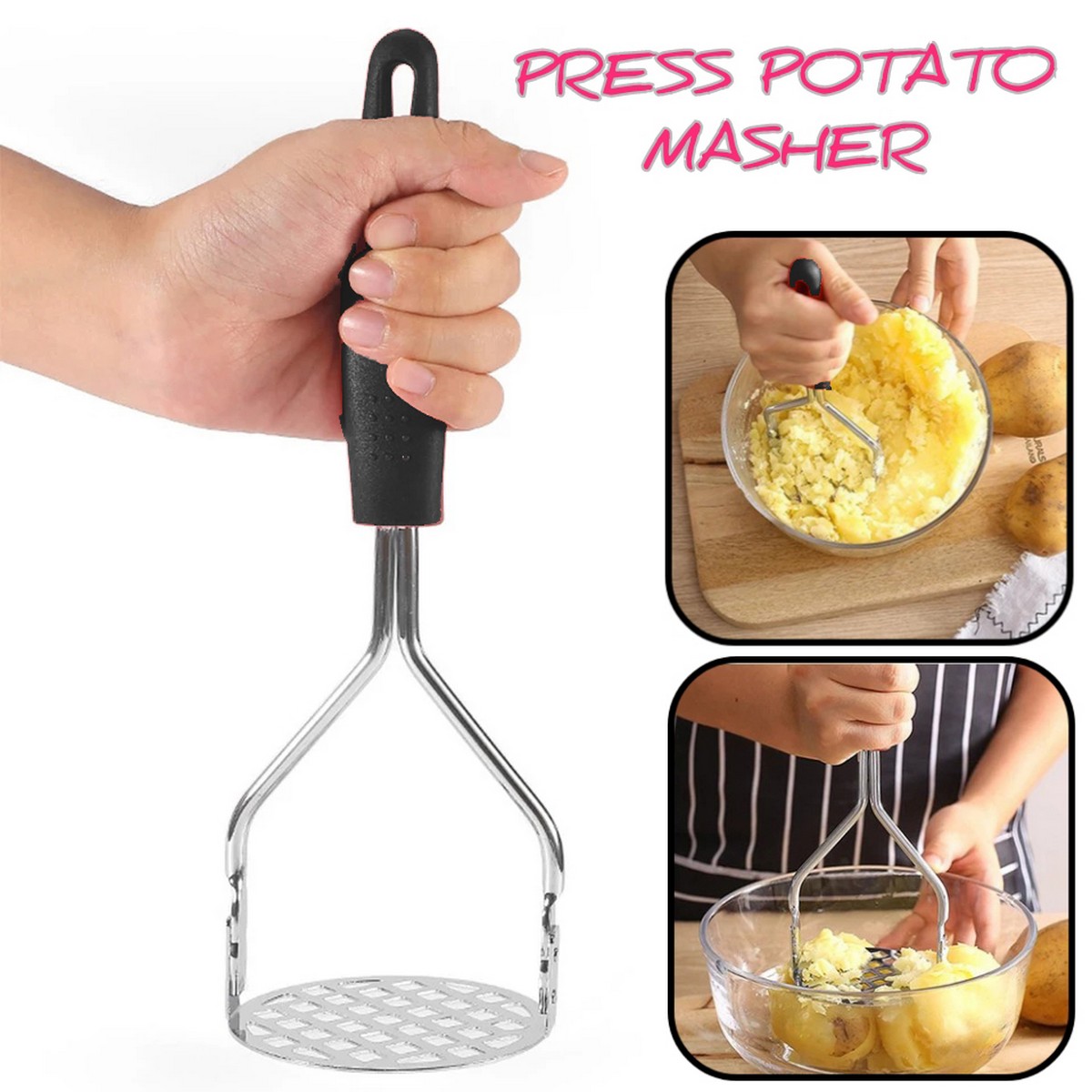 Stainless Steel Pusher/Potato Masher With Broad Mashing Plate For ...